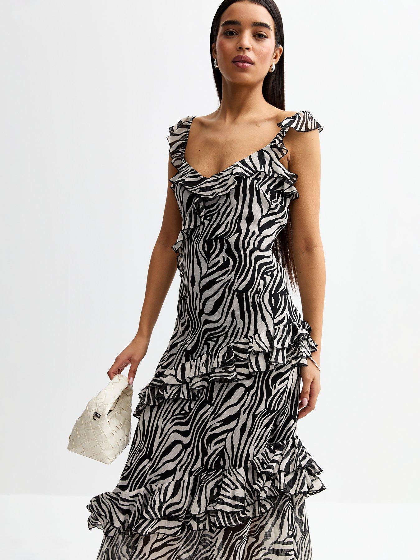 New Look Black Zebra Print Ruffle Trimmed Maxi Dress | Littlewoods