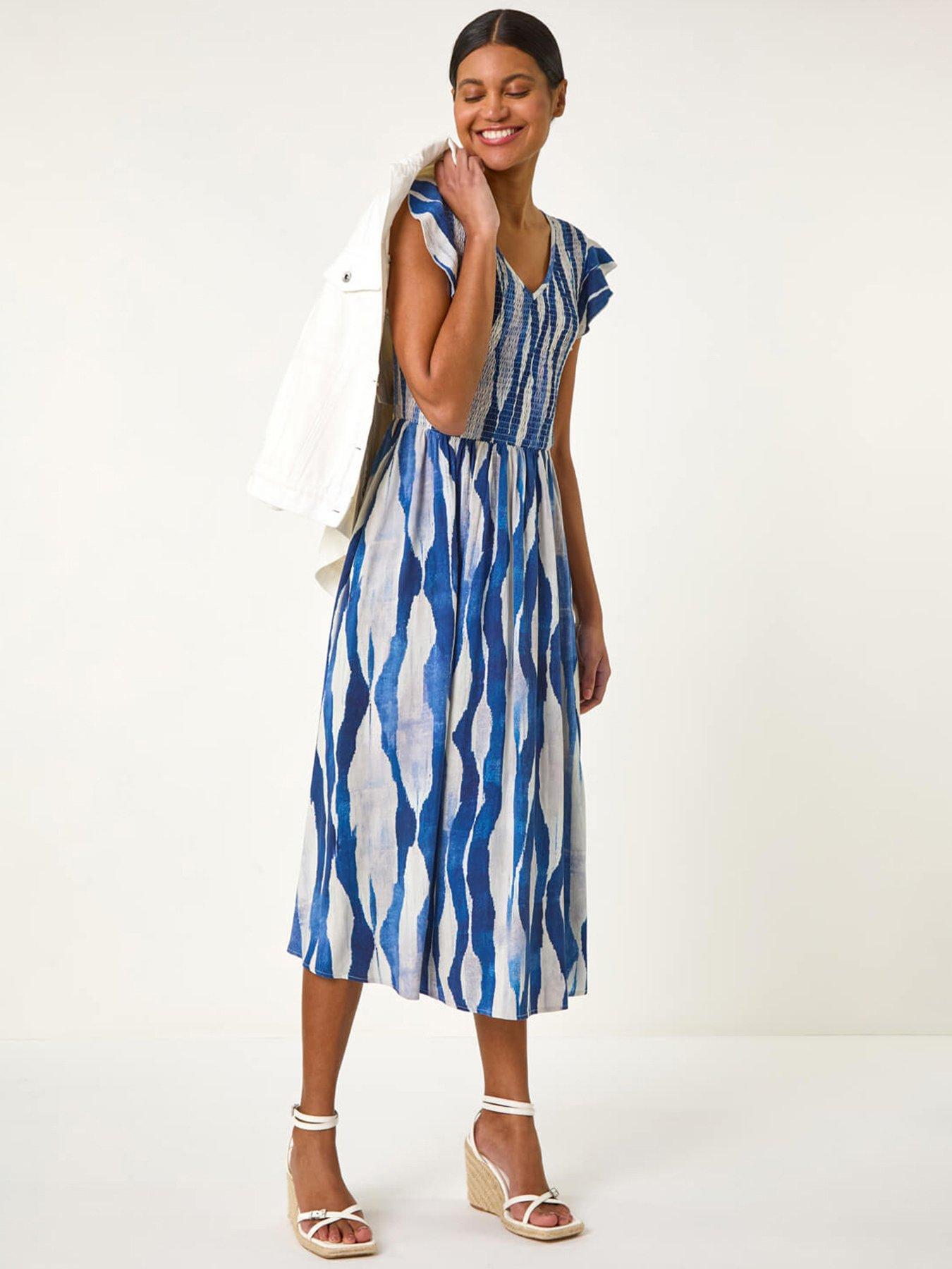 Roman Wave Print Shirred Midi Dress - Blue | Littlewoods