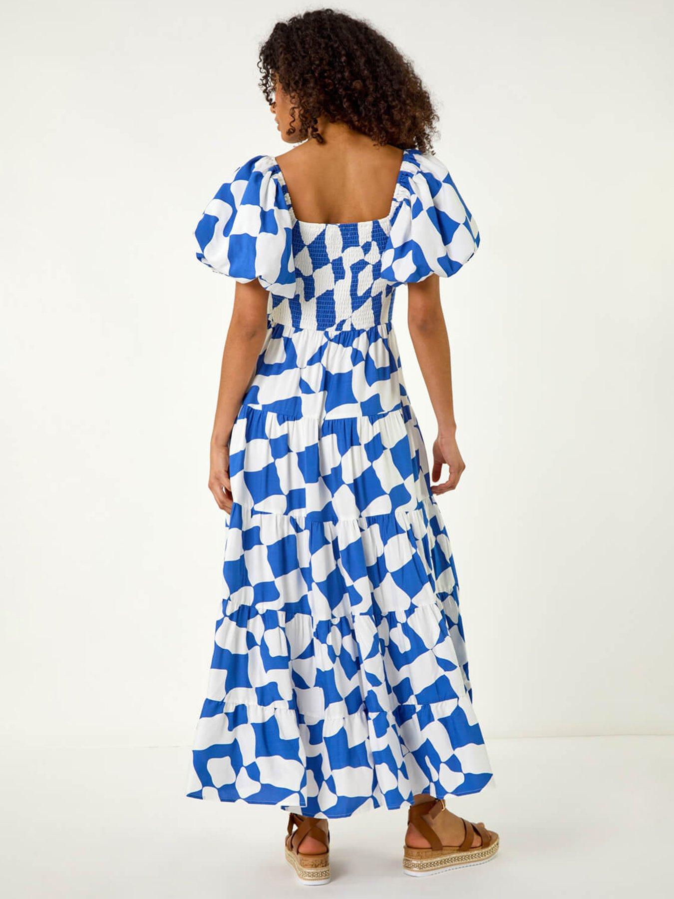 Roman Dusk Geo Print Tiered Dress - Blue | Littlewoods
