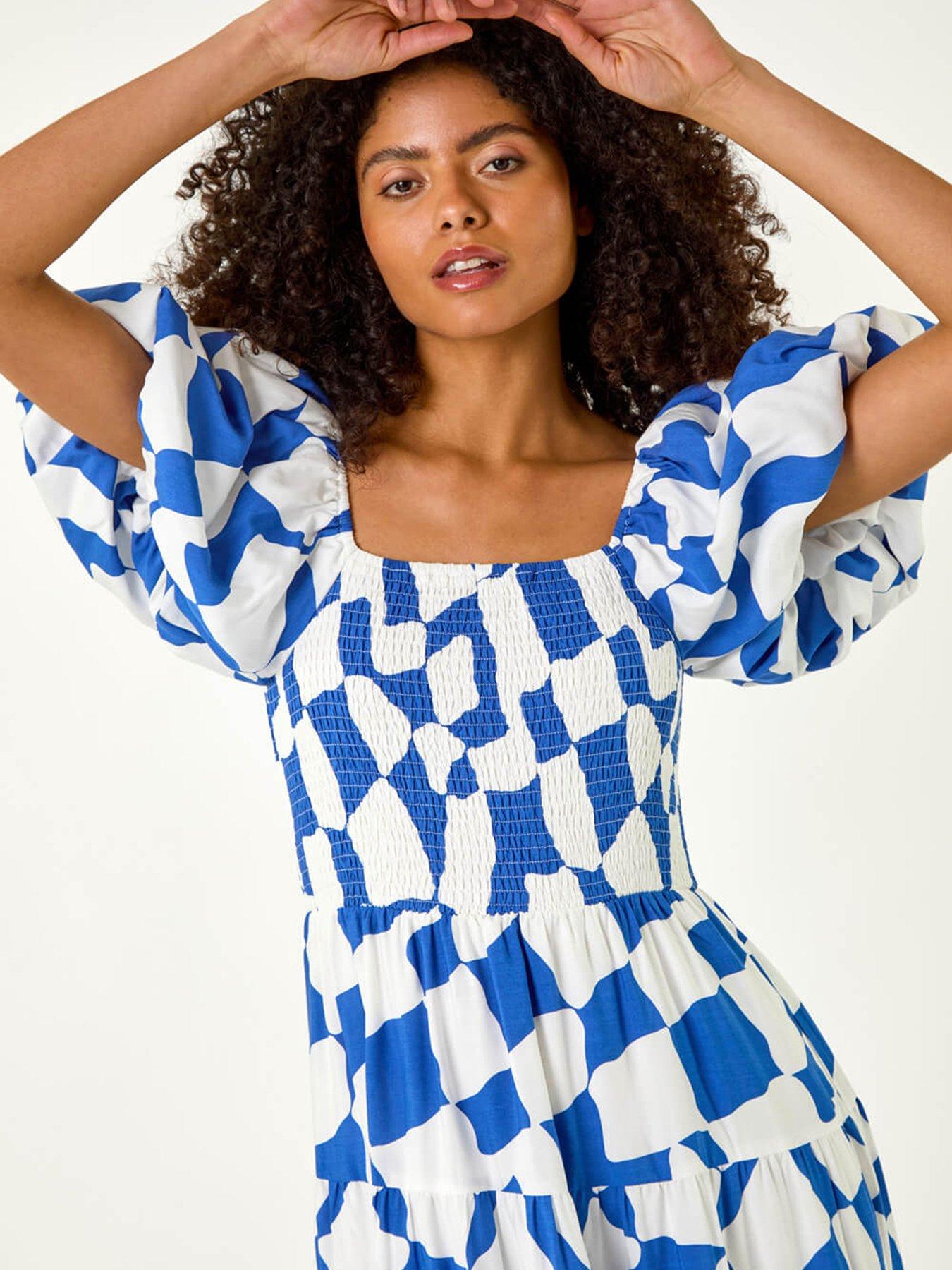 Roman Dusk Geo Print Tiered Dress - Blue | Littlewoods