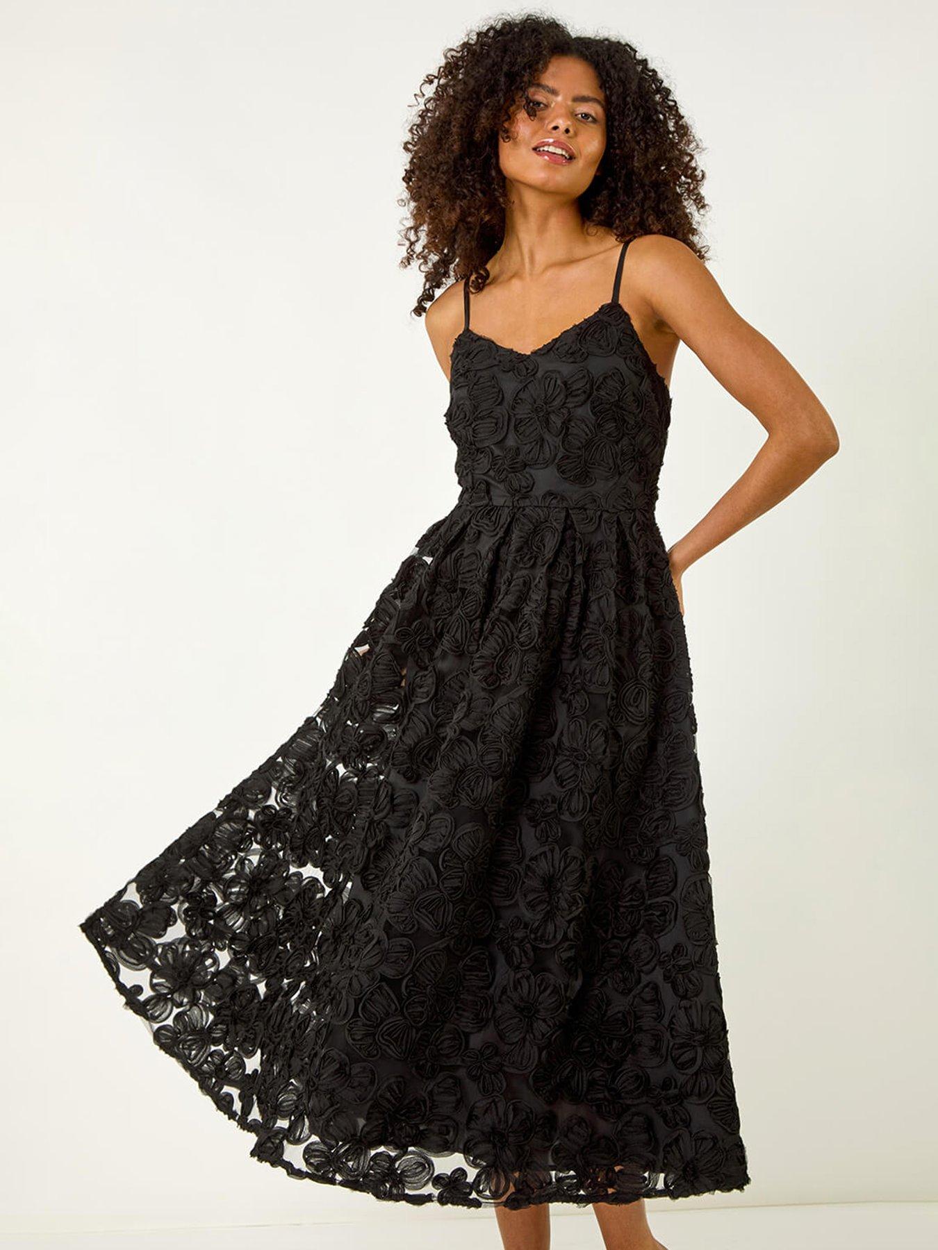 Roman Dusk Floral V-neck Strap Midi Dress - Black | Littlewoods