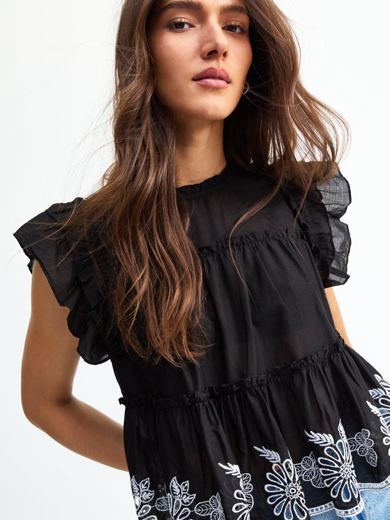 New Look Black Floral Embroidered Frilly Trim Top | Littlewoods