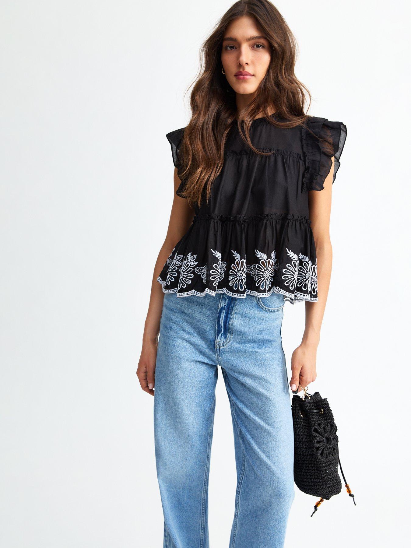 New Look Black Floral Embroidered Frilly Trim Top | Littlewoods