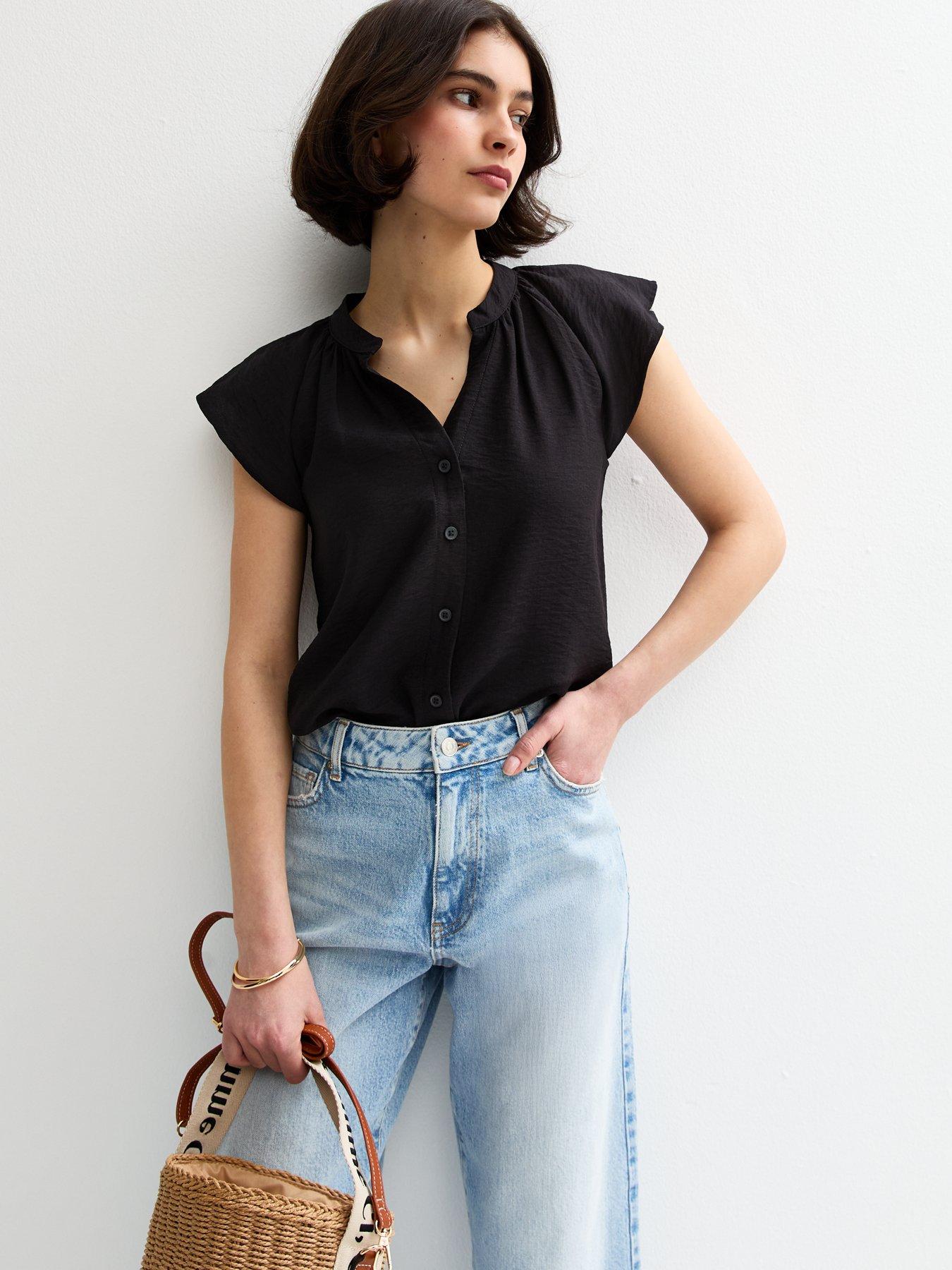 New Look Black Flutter Sleeve Button Up Top | Littlewoods