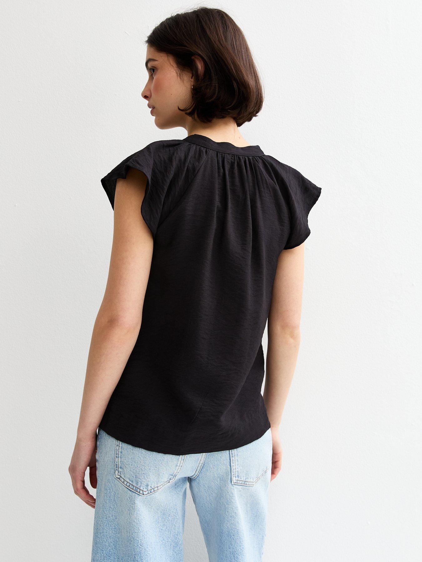New Look Black Flutter Sleeve Button Up Top | Littlewoods