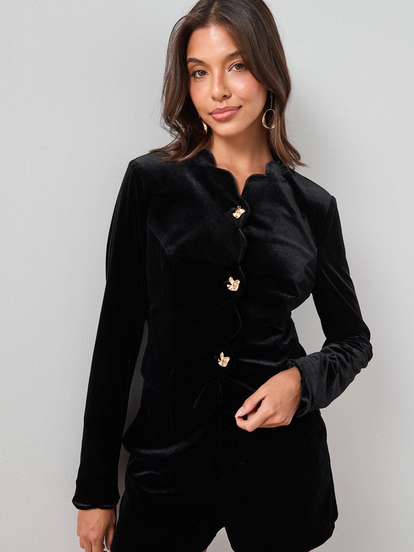 The Very Collection Velvet Scallop Edge Trim Jacket - Black | Littlewoods