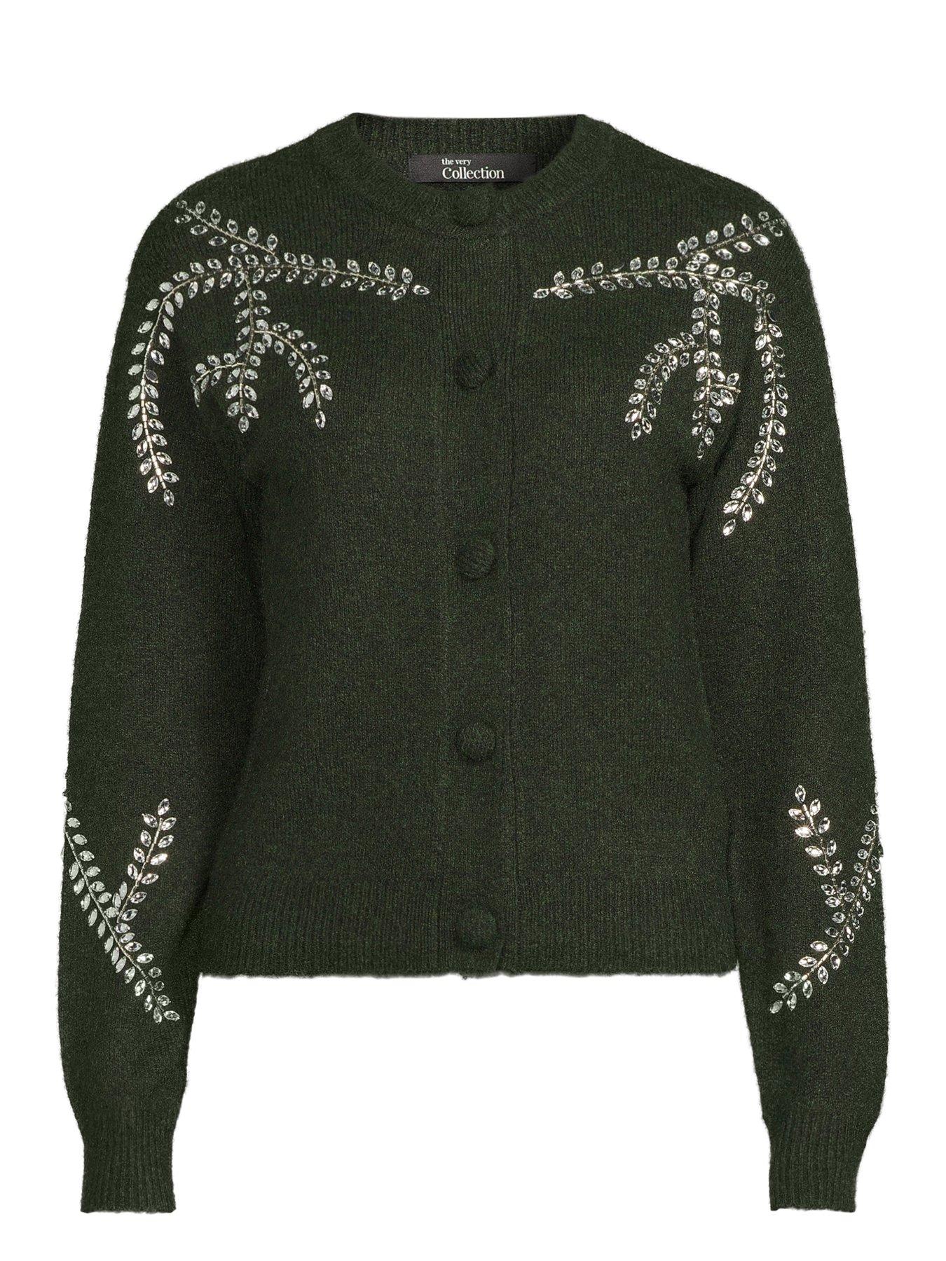 The Very Collection Crew Neck Embellished Cardigan With Wool - Green ...