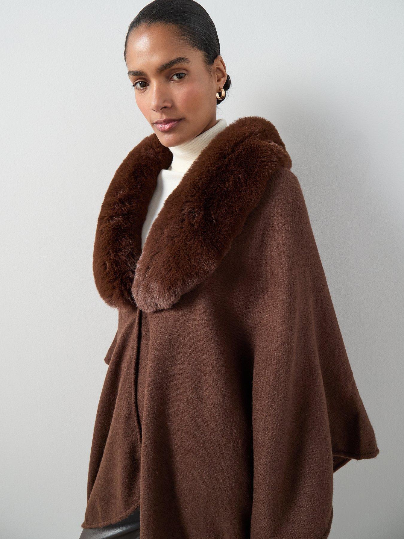 The Very Collection Faux Fur Trim Wrap - Brown | Littlewoods