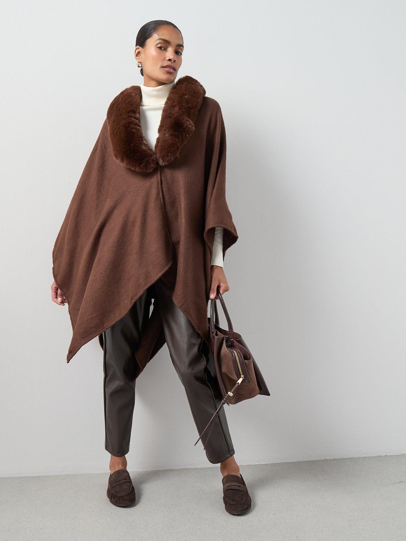 The Very Collection Faux Fur Trim Wrap - Brown | Littlewoods