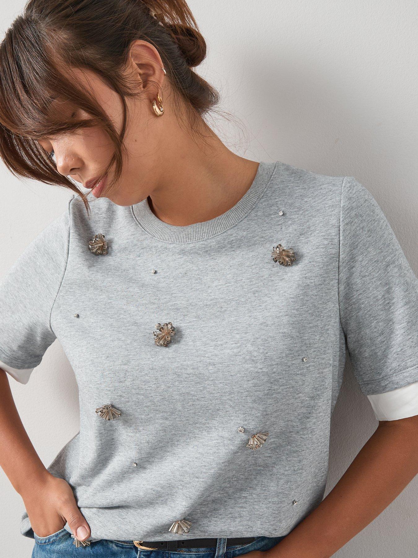 V by Very Curve Embellished Front Top - Grey | Littlewoods