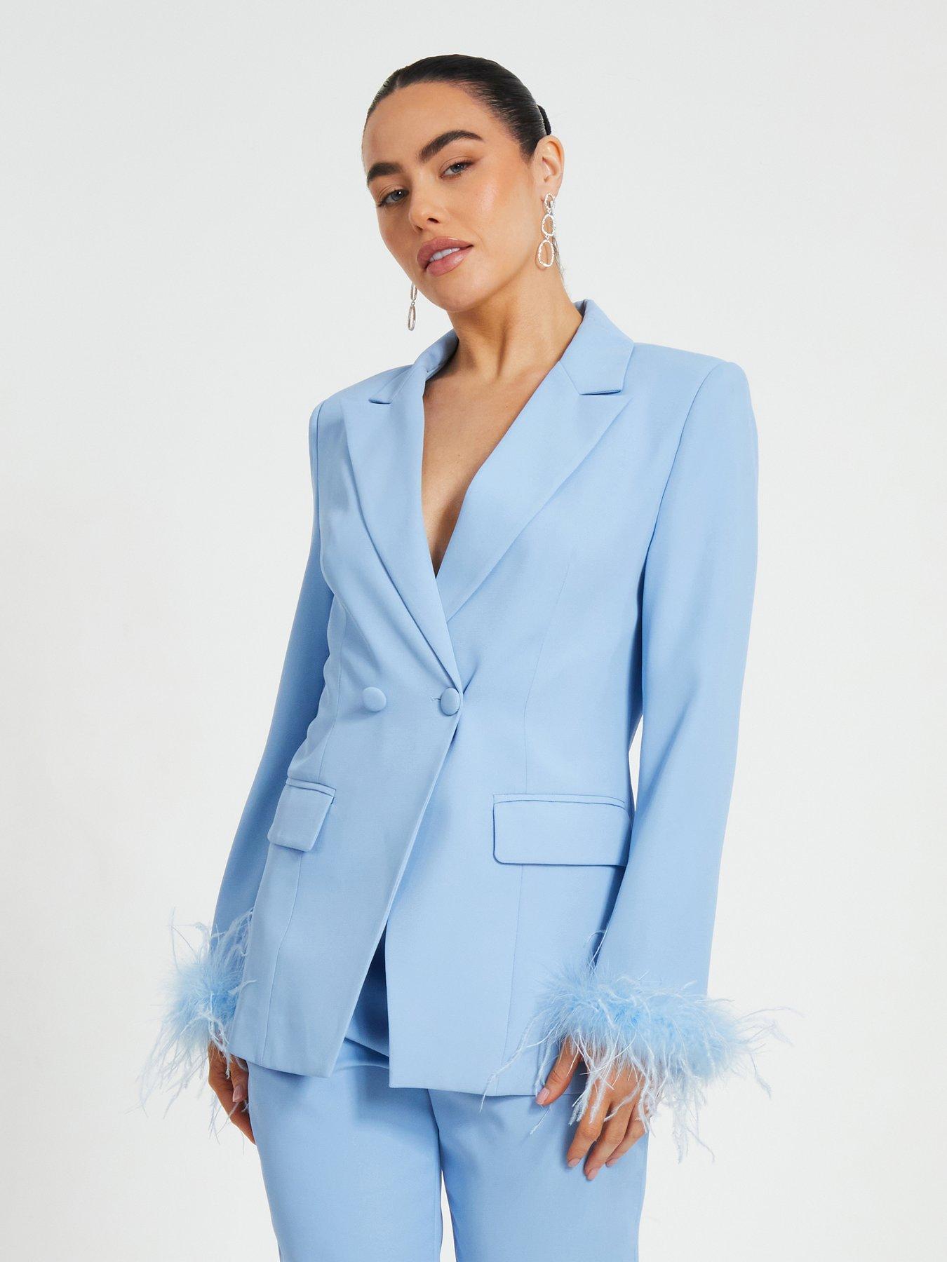 Quiz Petite Light Blue Feather Trim Blazer | littlewoods.com