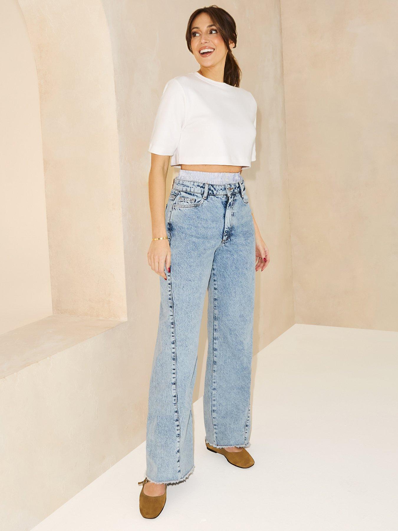 Michelle Keegan Double Waistband Wide Leg Jean - Mid Wash | Littlewoods