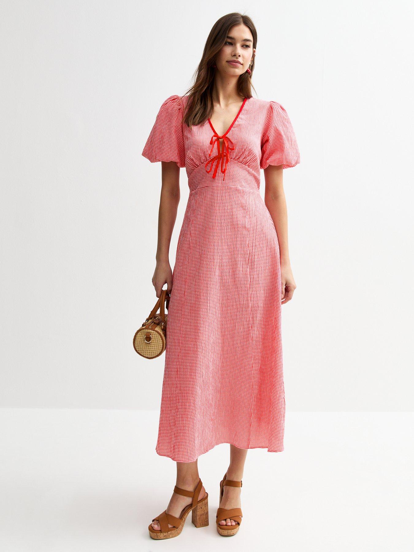 New Look Gingham Check Tie Neck Midi Dress - Red | Littlewoods