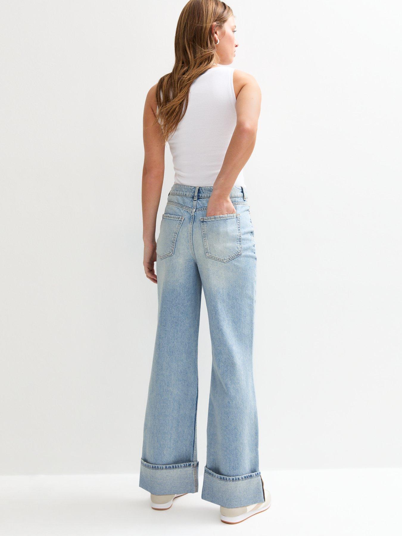 New Look Ripped Knee Wide Leg Turn Up Jeans - Light Blue | Littlewoods