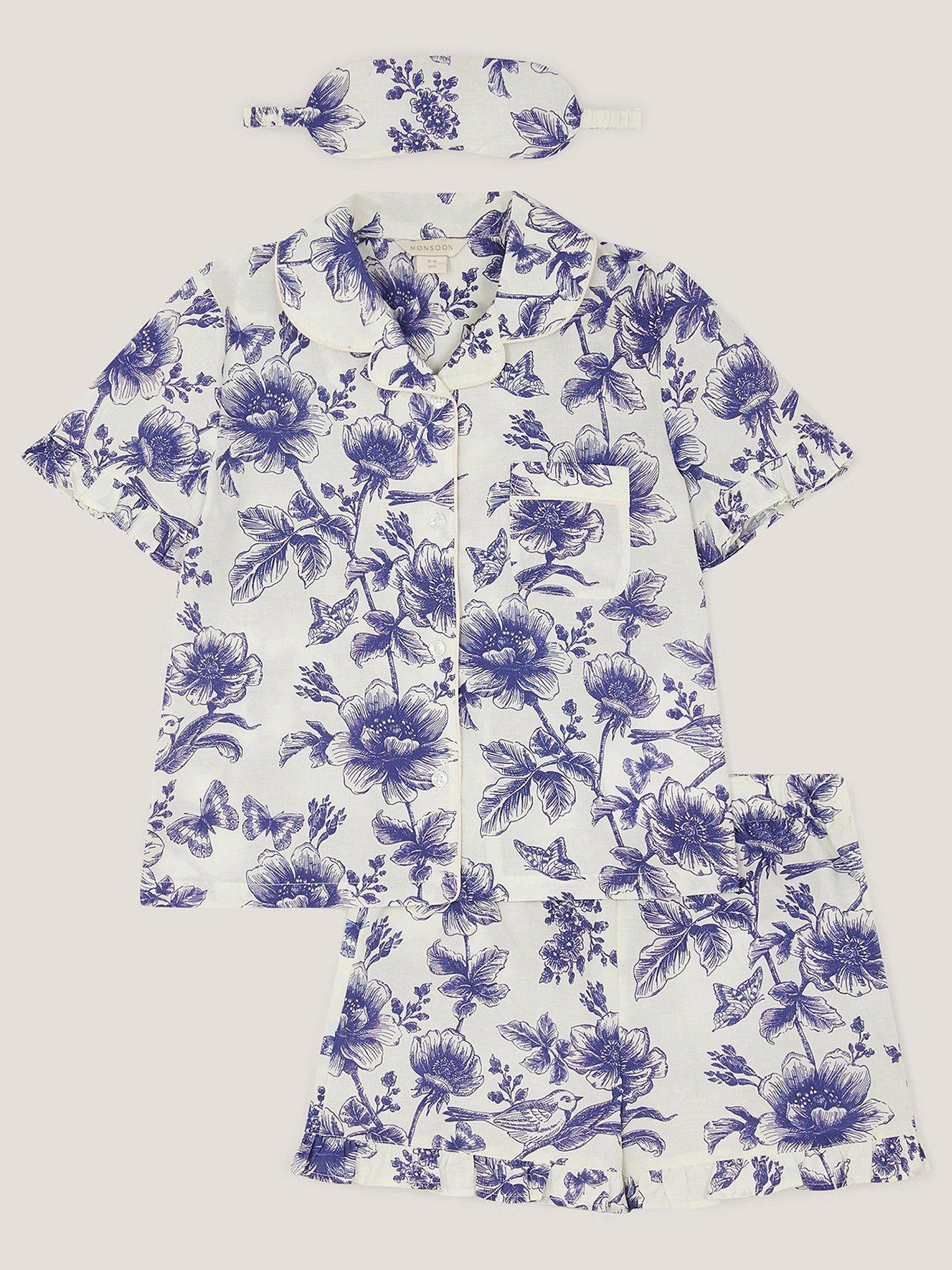 Monsoon Girls Toille Woven Floral Print Pyjamas - Blue | Littlewoods