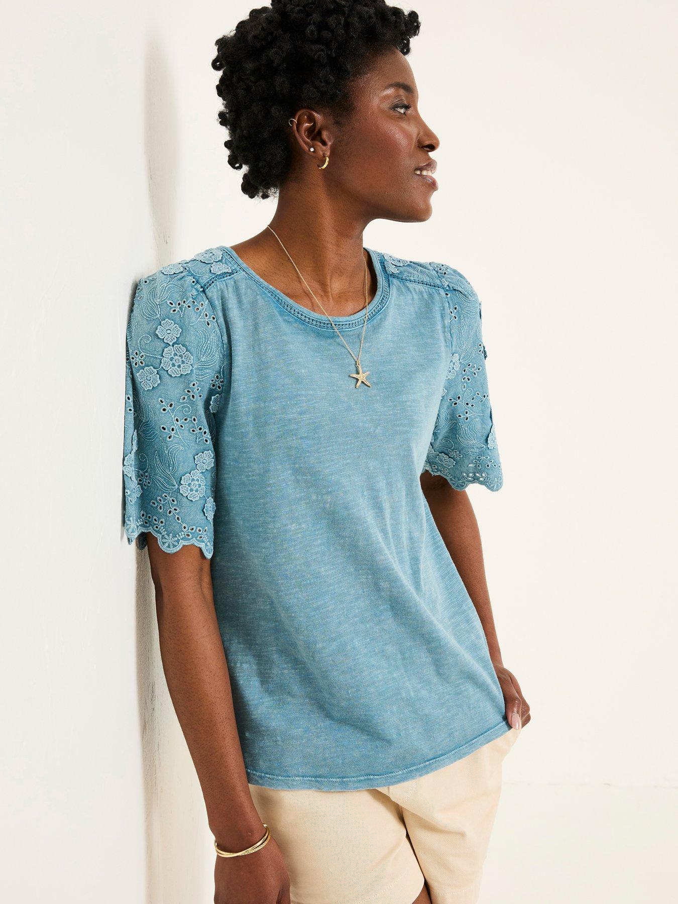 FatFace Pretty Broderie Top - Blue | Littlewoods