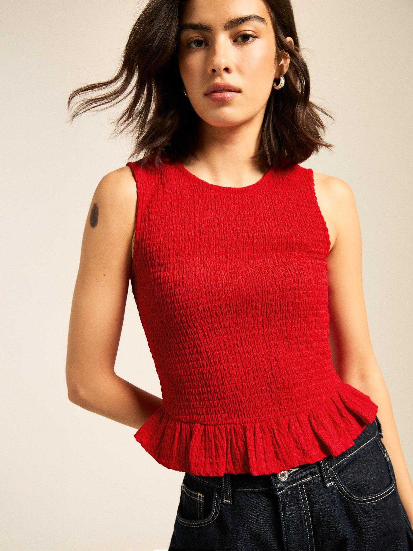 New Look Shirred Peplum Hem Top - Bright Red | Littlewoods