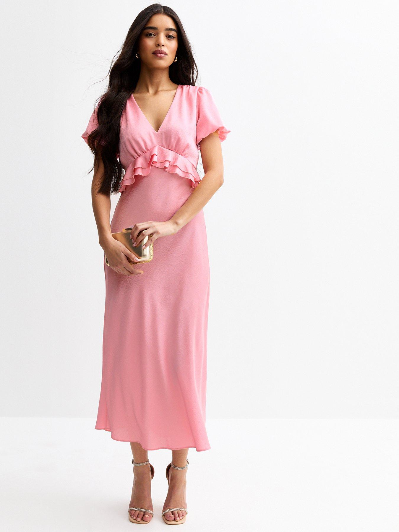 New Look V-Neck Satin Ruffled Midi Dress - Pink | Littlewoods