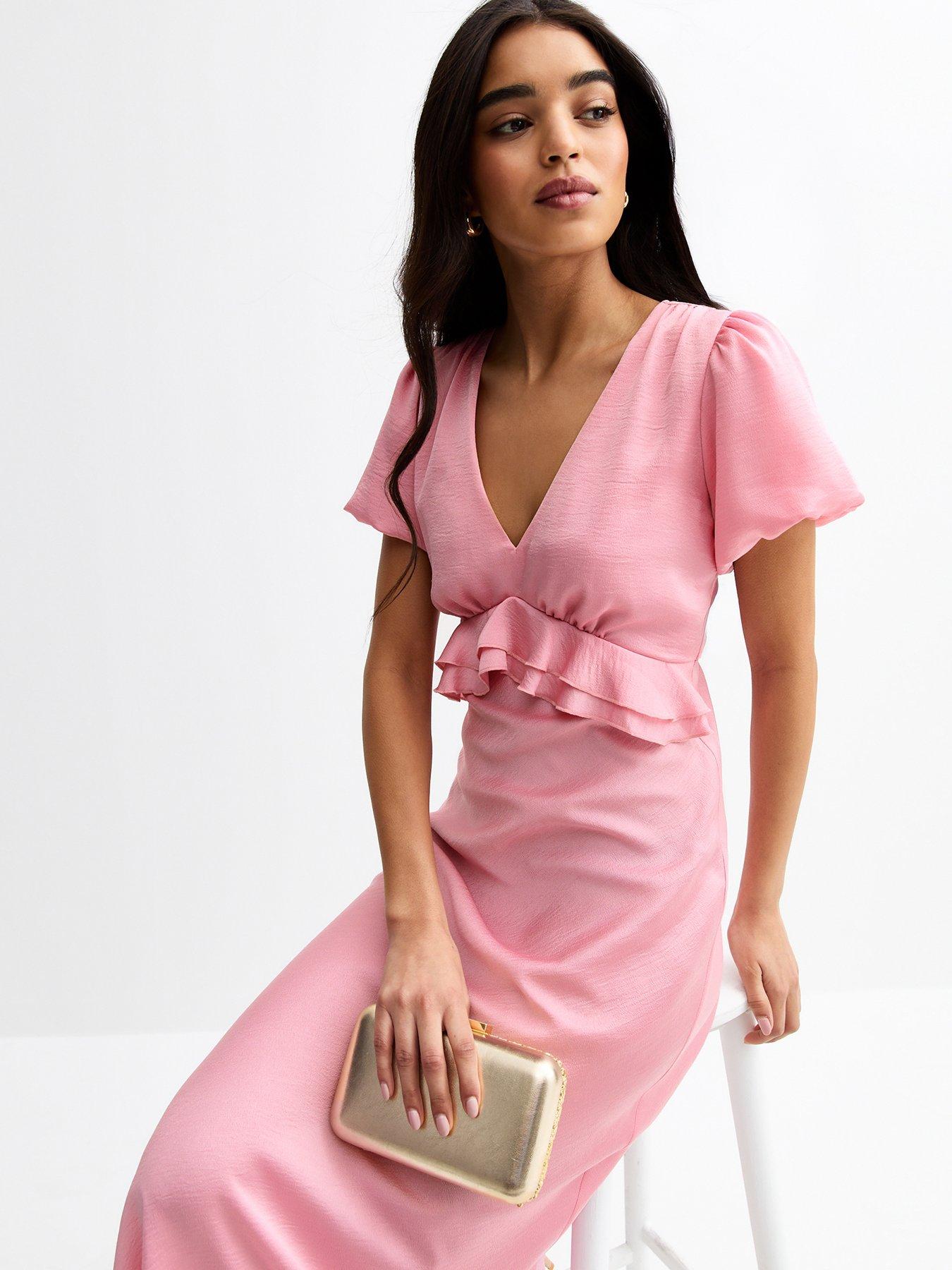 New Look V-Neck Satin Ruffled Midi Dress - Pink | Littlewoods