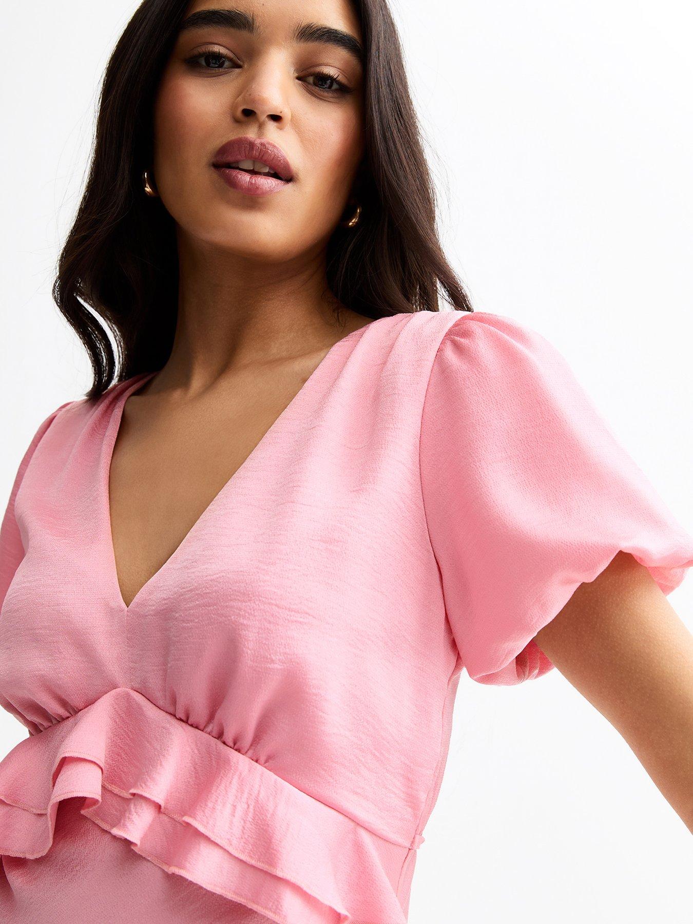 New Look V-Neck Satin Ruffled Midi Dress - Pink | Littlewoods