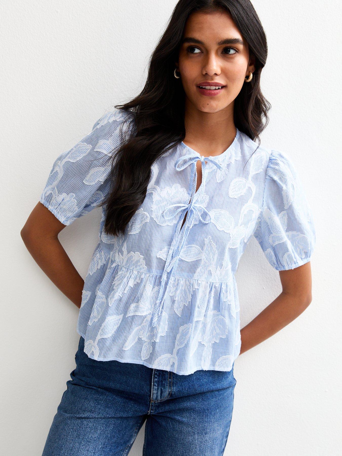 New Look Stripe Jacquard Tie Front Top - Blue | Littlewoods