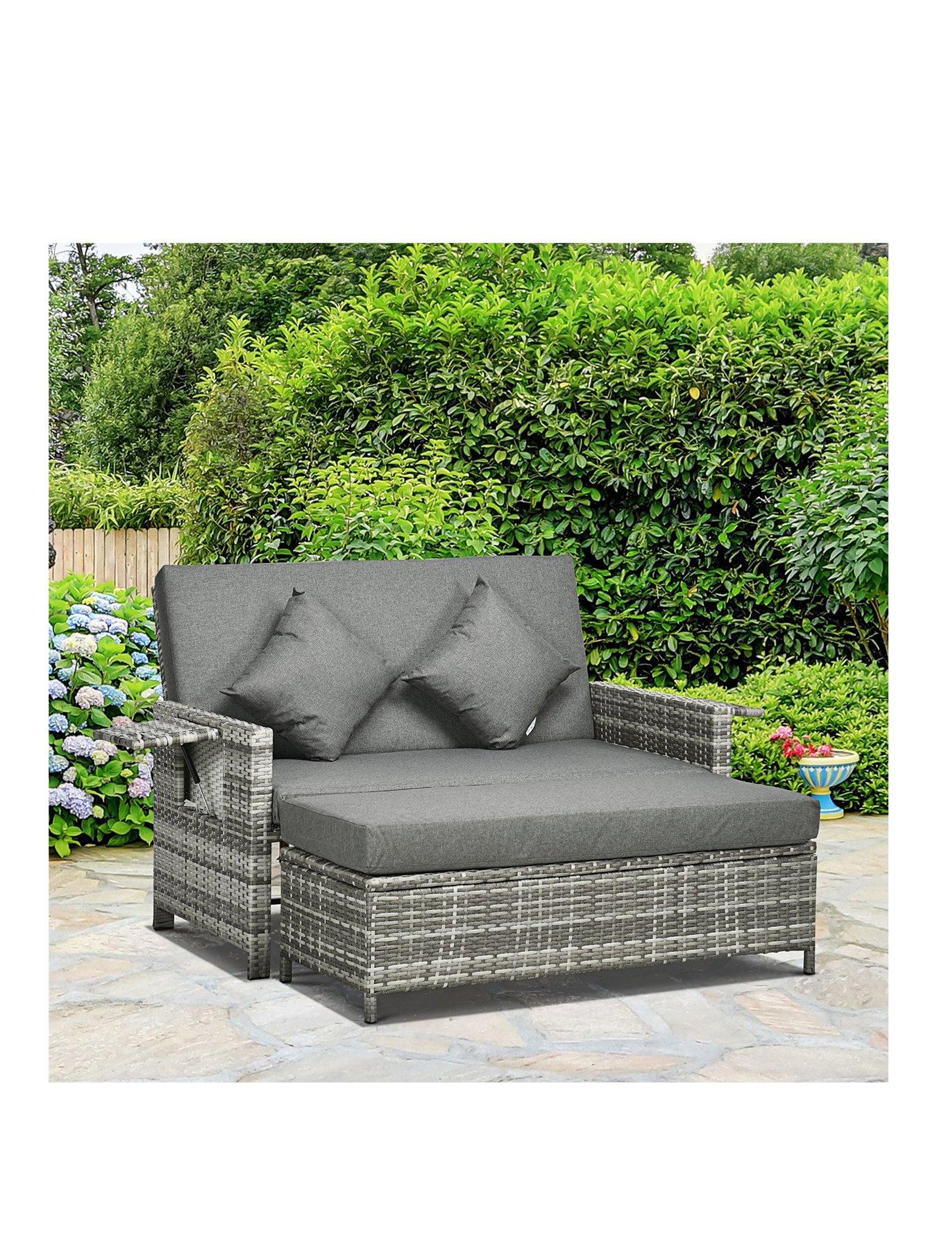 OutSunny 2 Seater Rattan Furniture Sofa Sun Lounger Daybed Grey ...