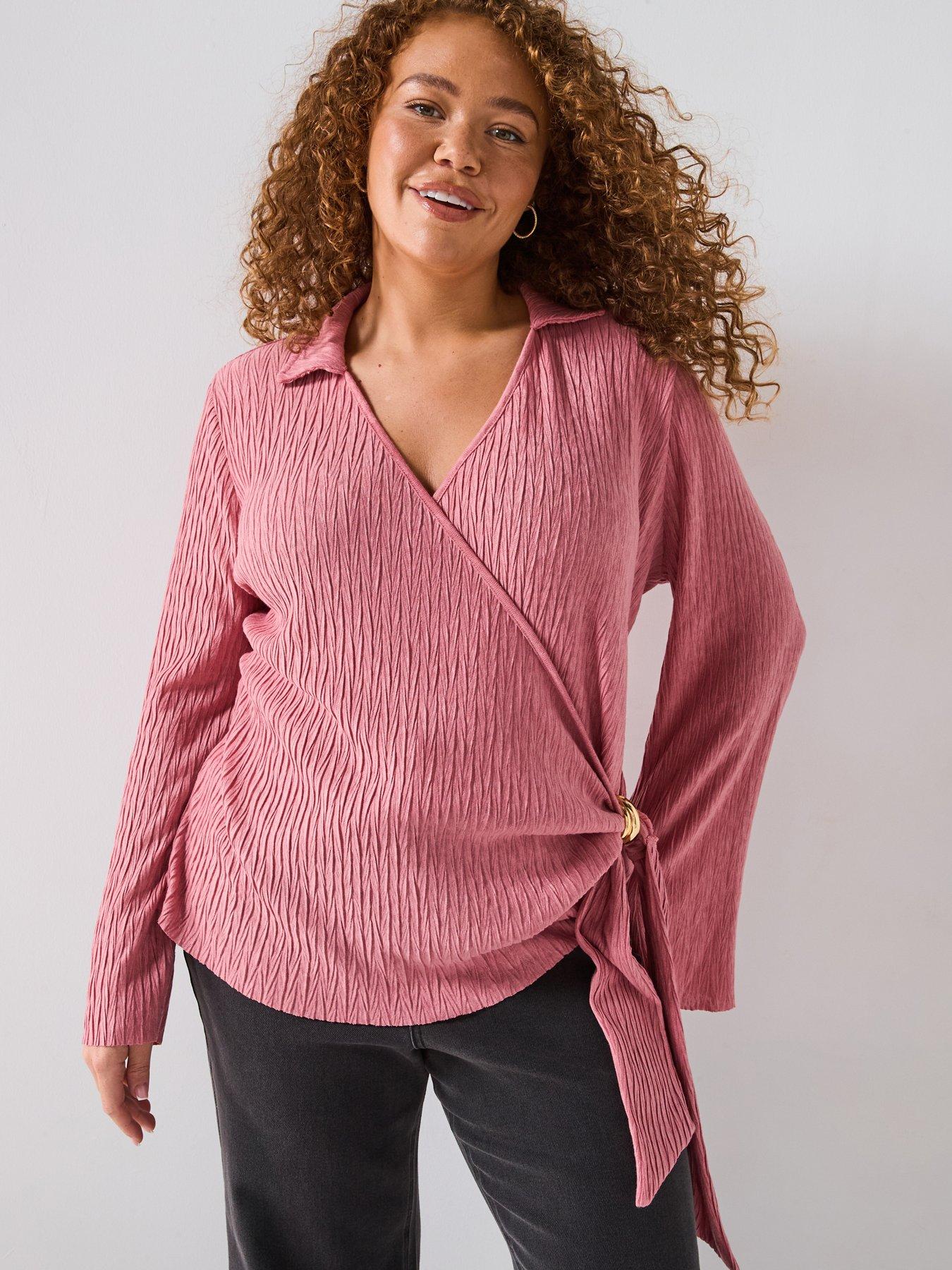 V by Very Curve Textured Gold Trim Wrap Top - Pink | Littlewoods