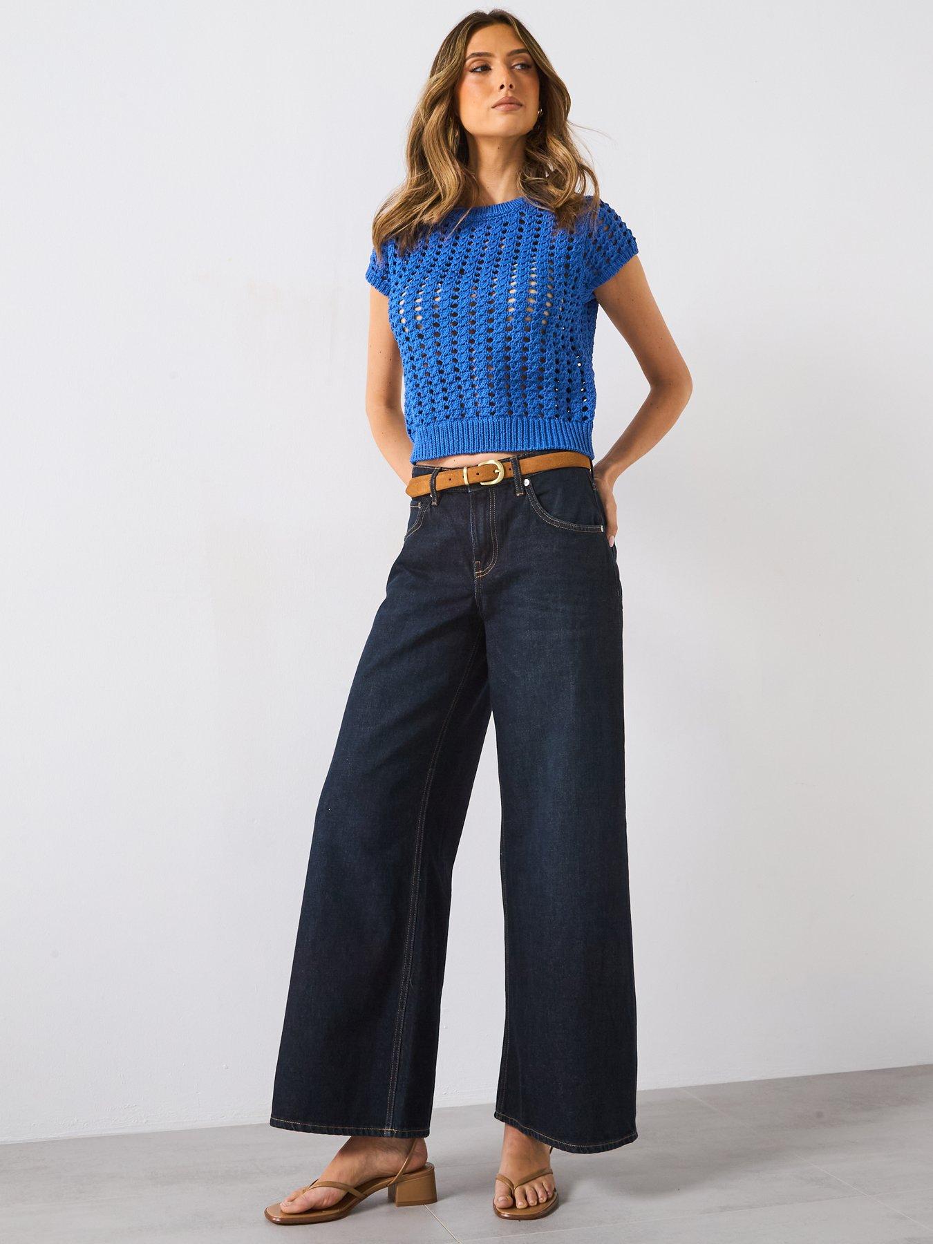 Mango Short Sleeved Crochet Sweater - Blue | Littlewoods