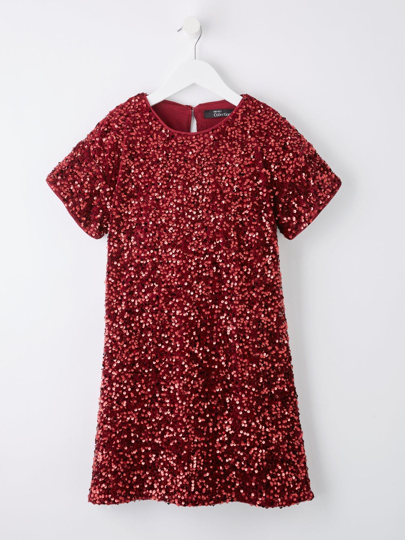 The Very Collection Girls Sequin Shift Party Dress - Burgundy/Red ...