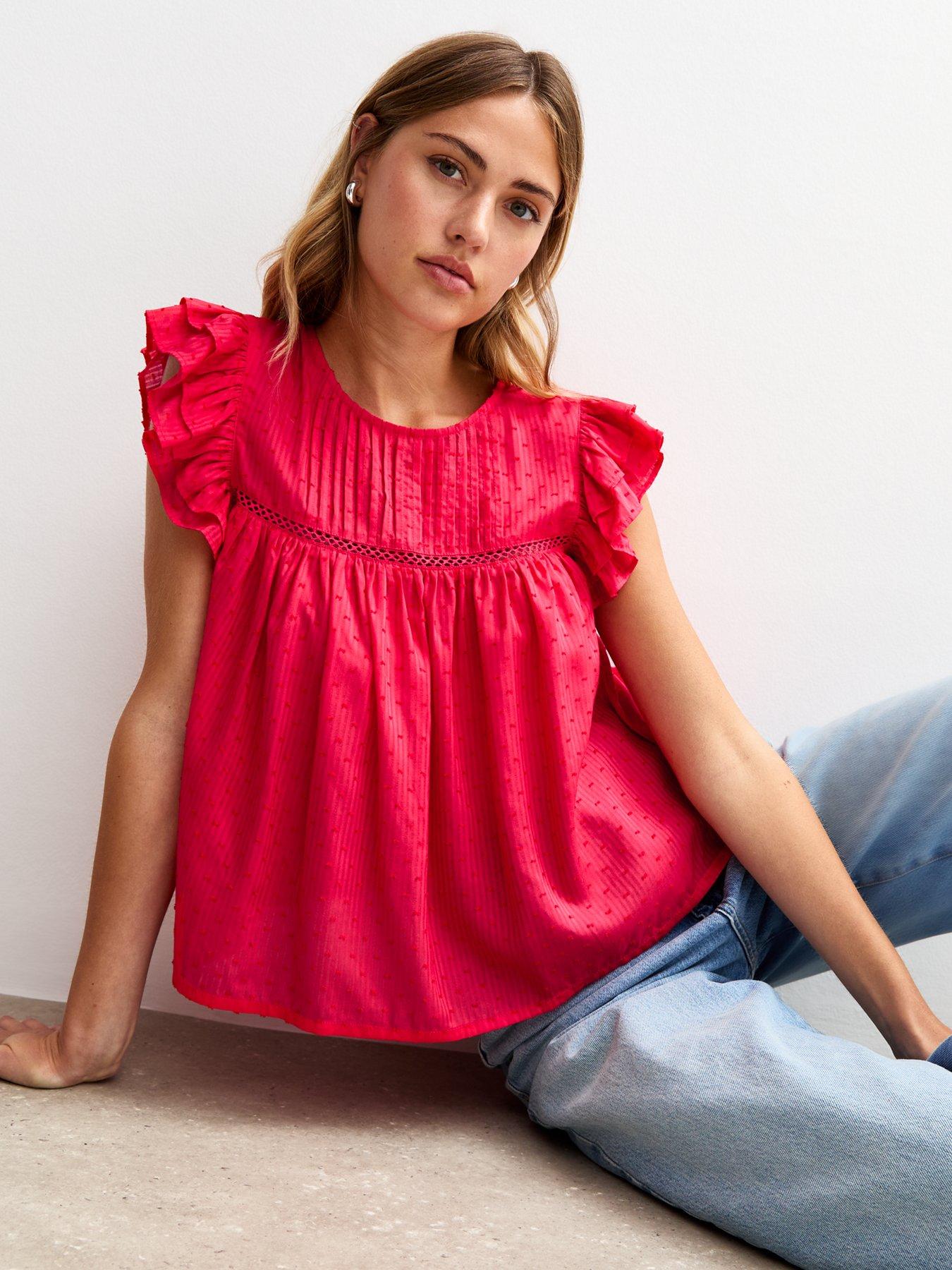 New Look Red Lace Insert Ruffle Trim Sleeveless Top | Littlewoods