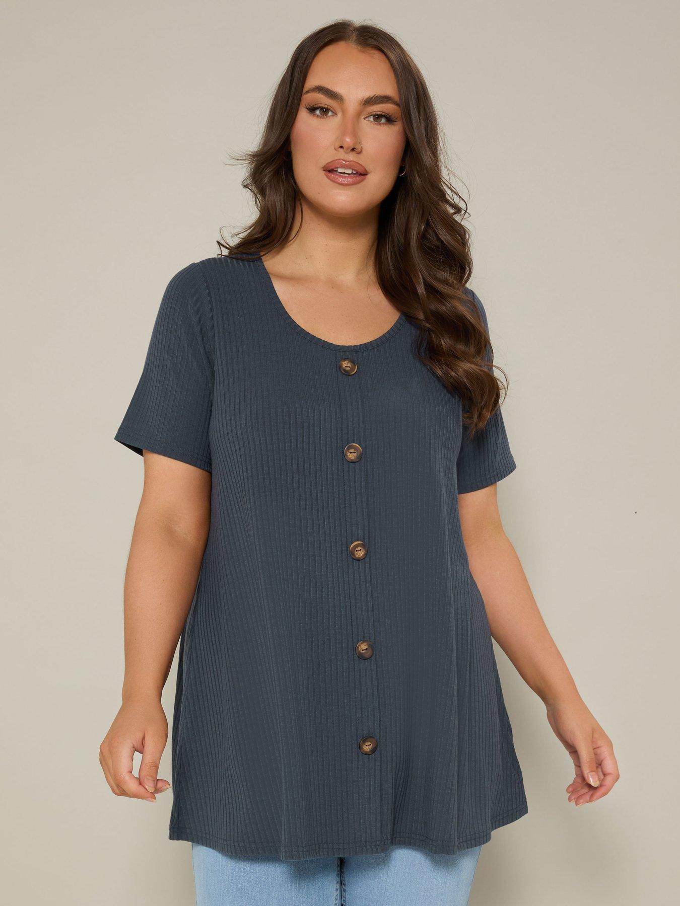 Yours Curve Button Front Swing T-Shirt - Blue | Littlewoods