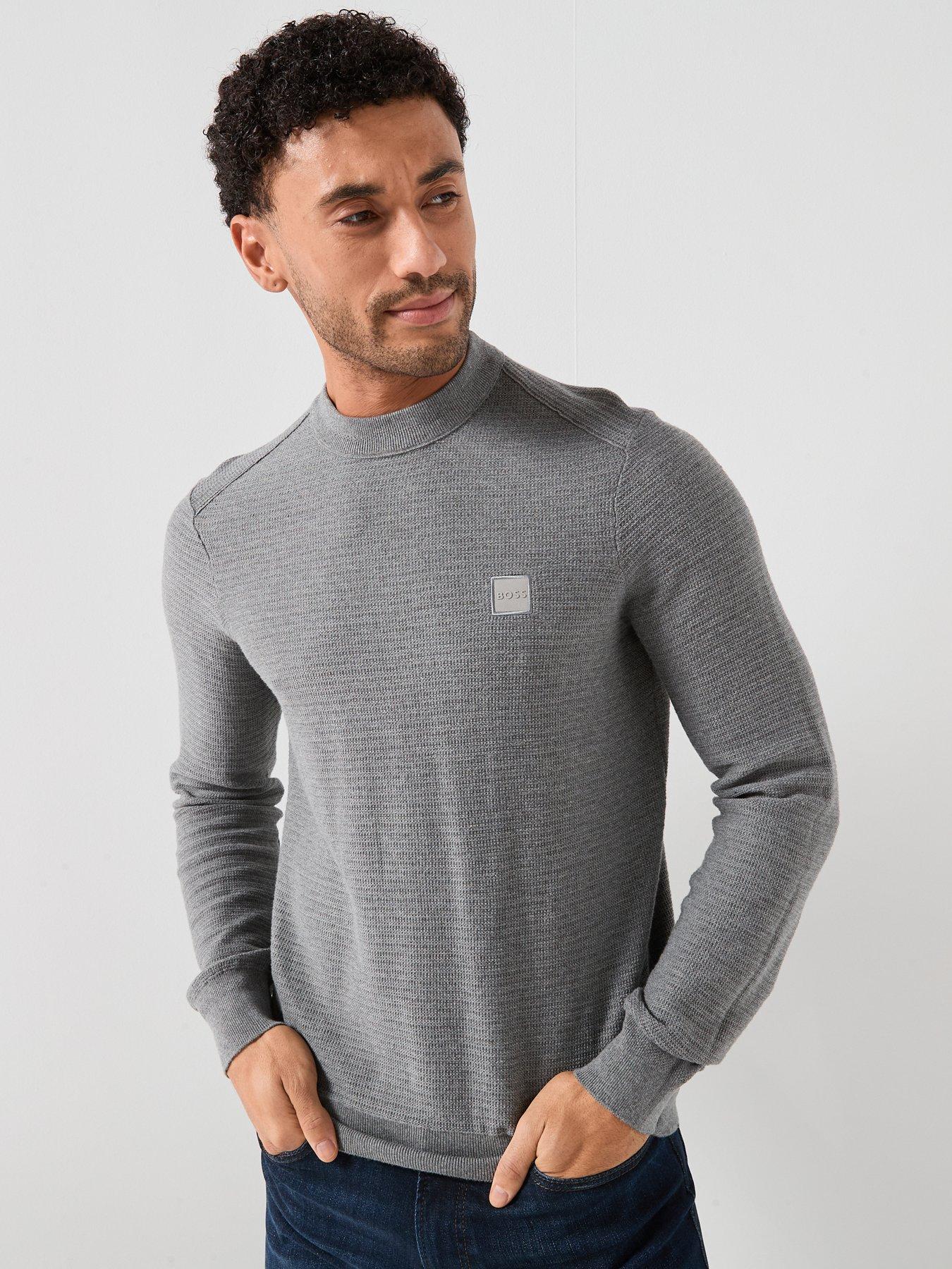 BOSS Anion Regular Fit Waffle Crew Knitted Jumper - Silver | Littlewoods