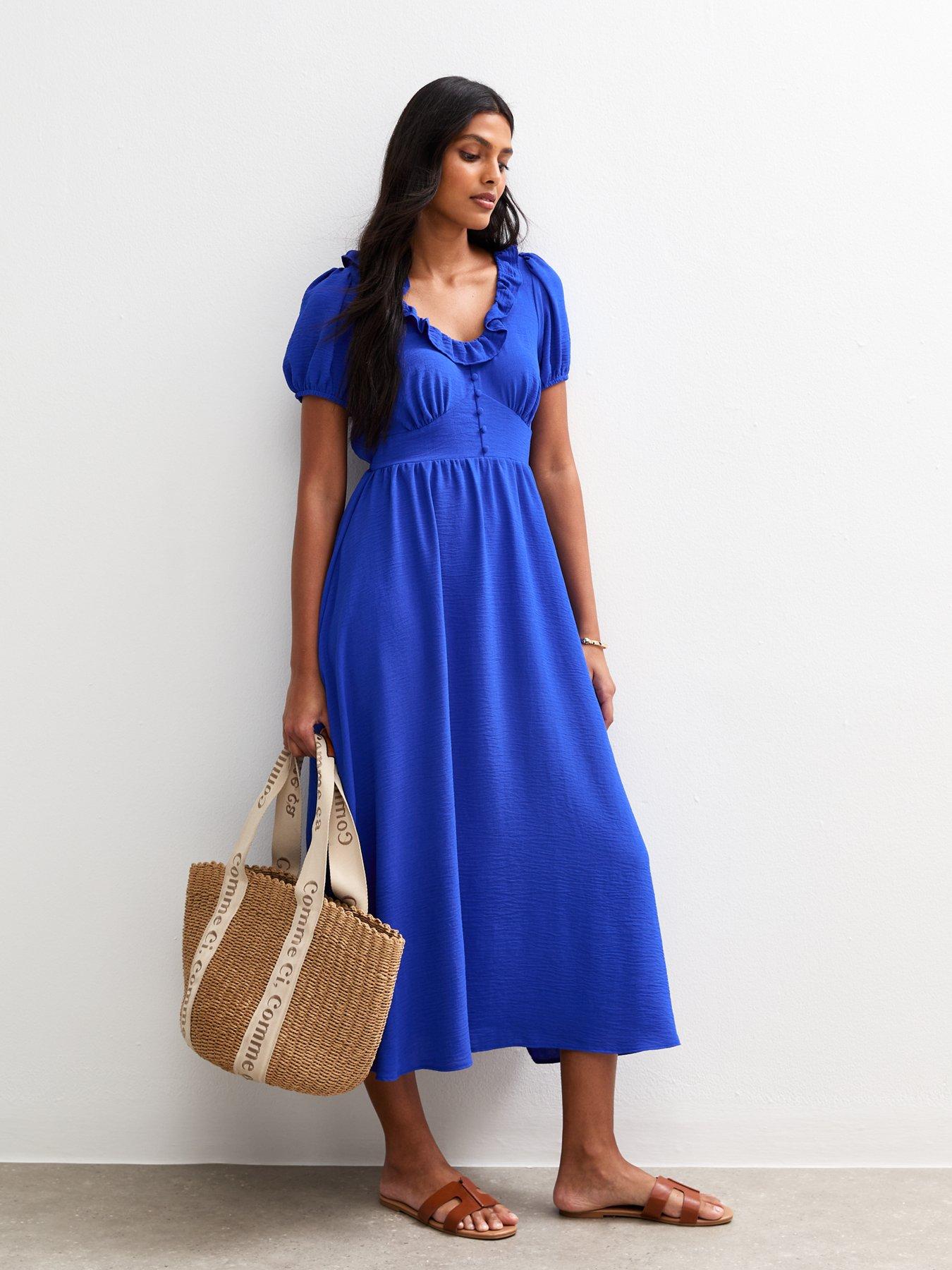 New Look Bright Blue Ruffle Trim V-neck Midi Dress | Littlewoods