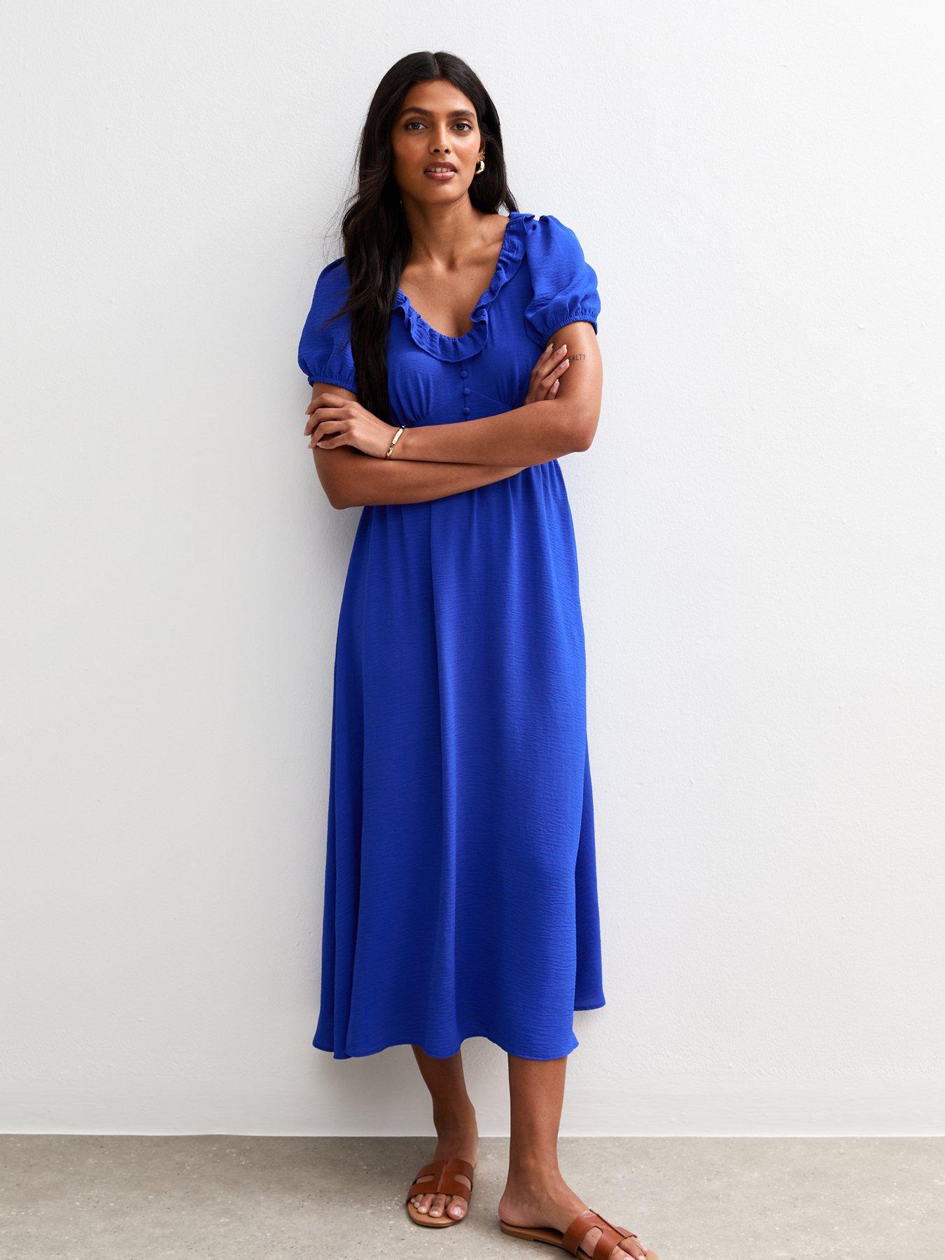 New Look Bright Blue Ruffle Trim V-neck Midi Dress | Littlewoods