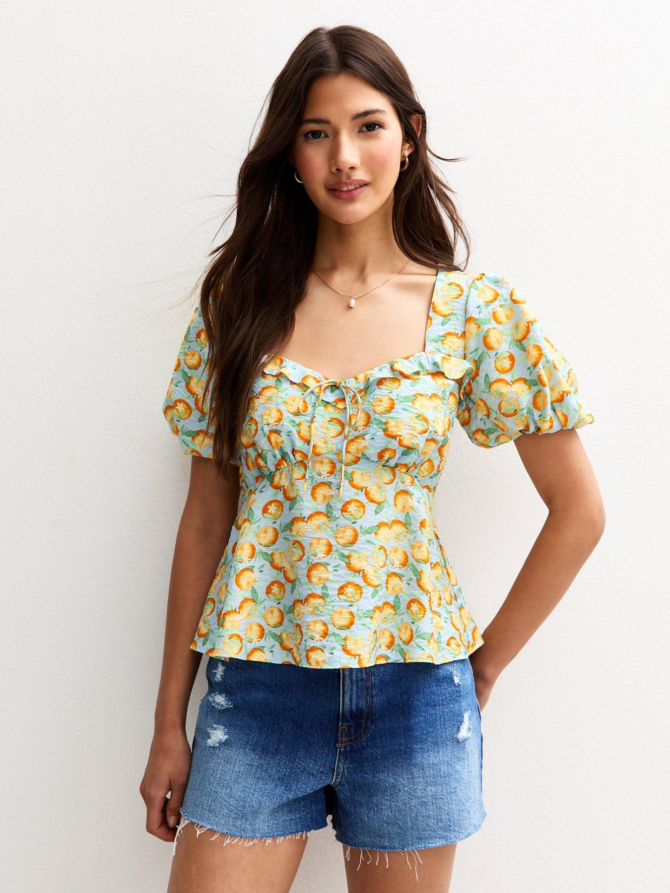 New Look Blue Crinkle Texture Orange Print Tea Blouse | Littlewoods