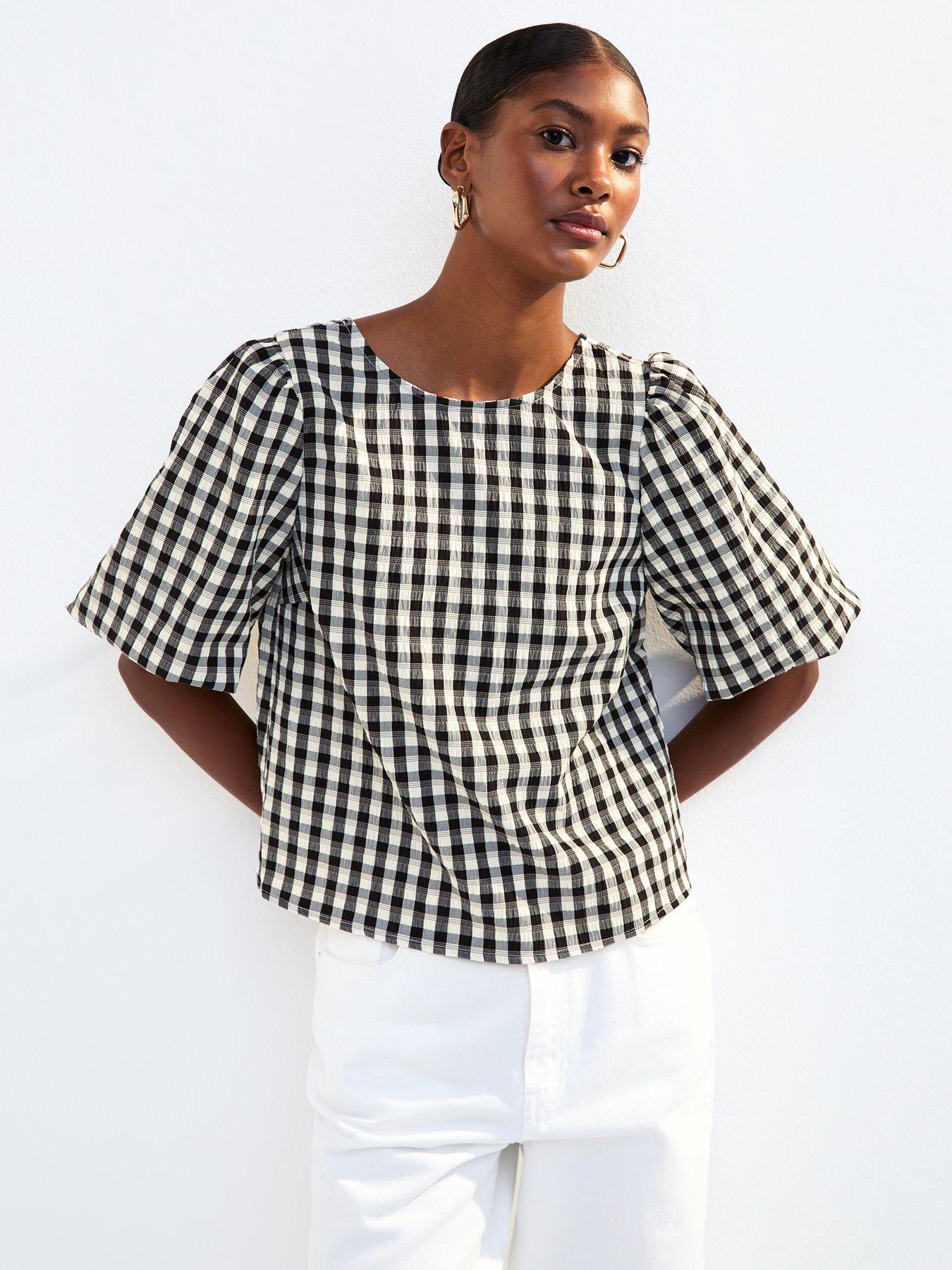 New Look Black Check Pattern Bow Back Puff Sleeve Top | Littlewoods