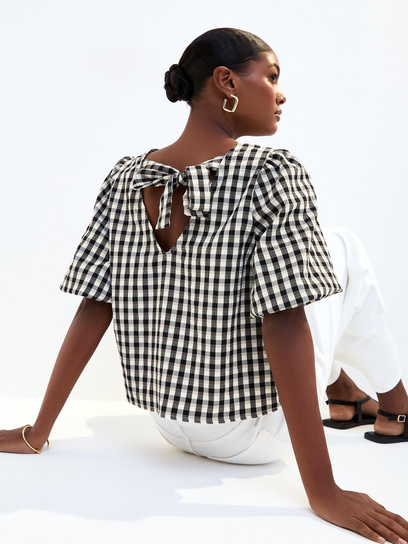 New Look Black Check Pattern Bow Back Puff Sleeve Top | Littlewoods