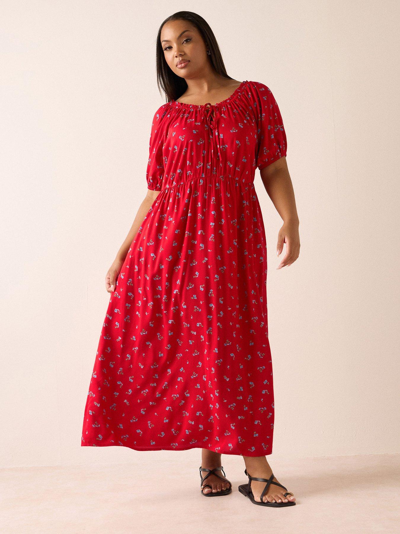 Yours Curve Short Sleeve Gypsy Dress - Red | Littlewoods