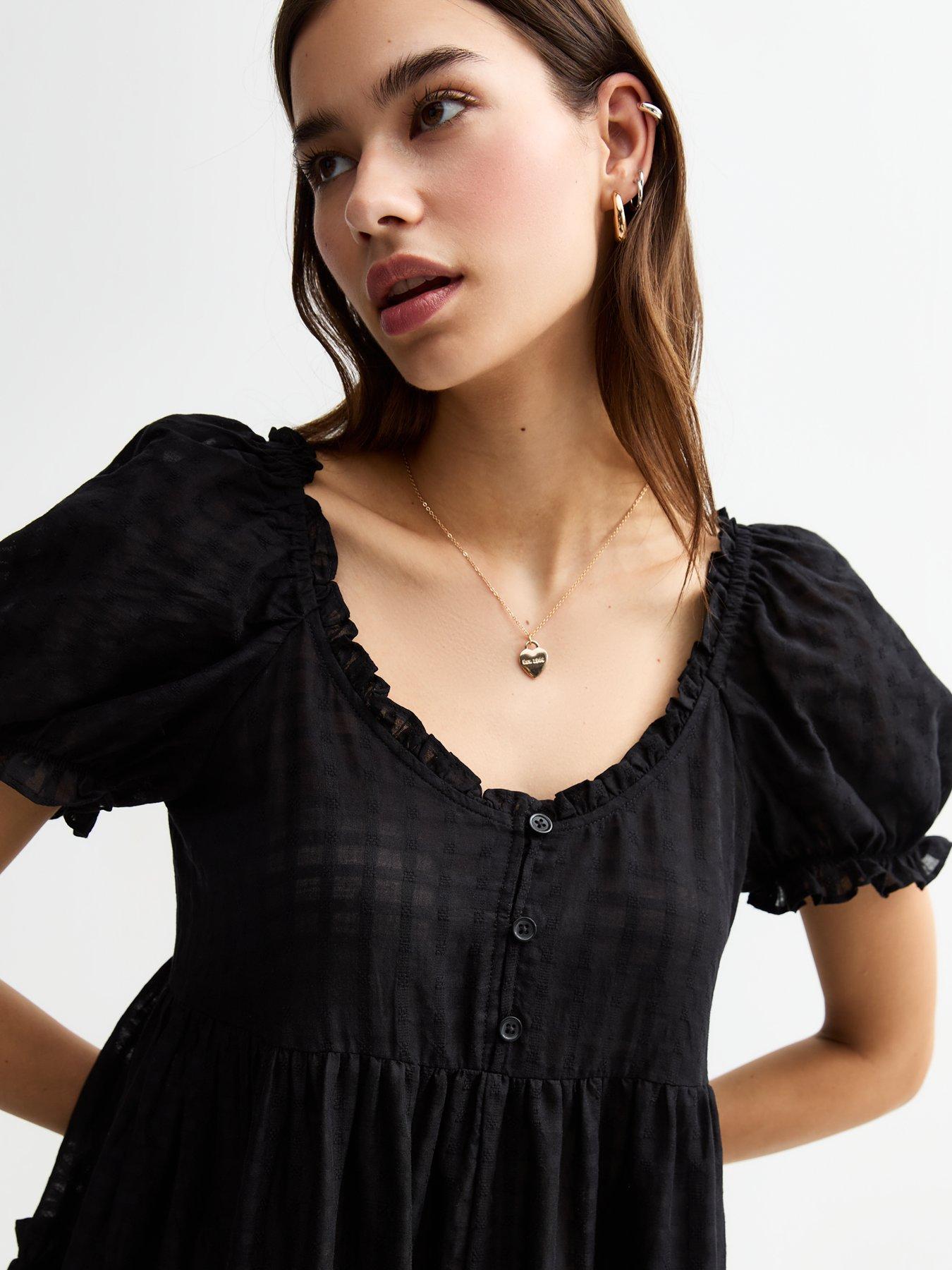 New Look Textured Check Tiered Mini Smock Dress - Black | Littlewoods