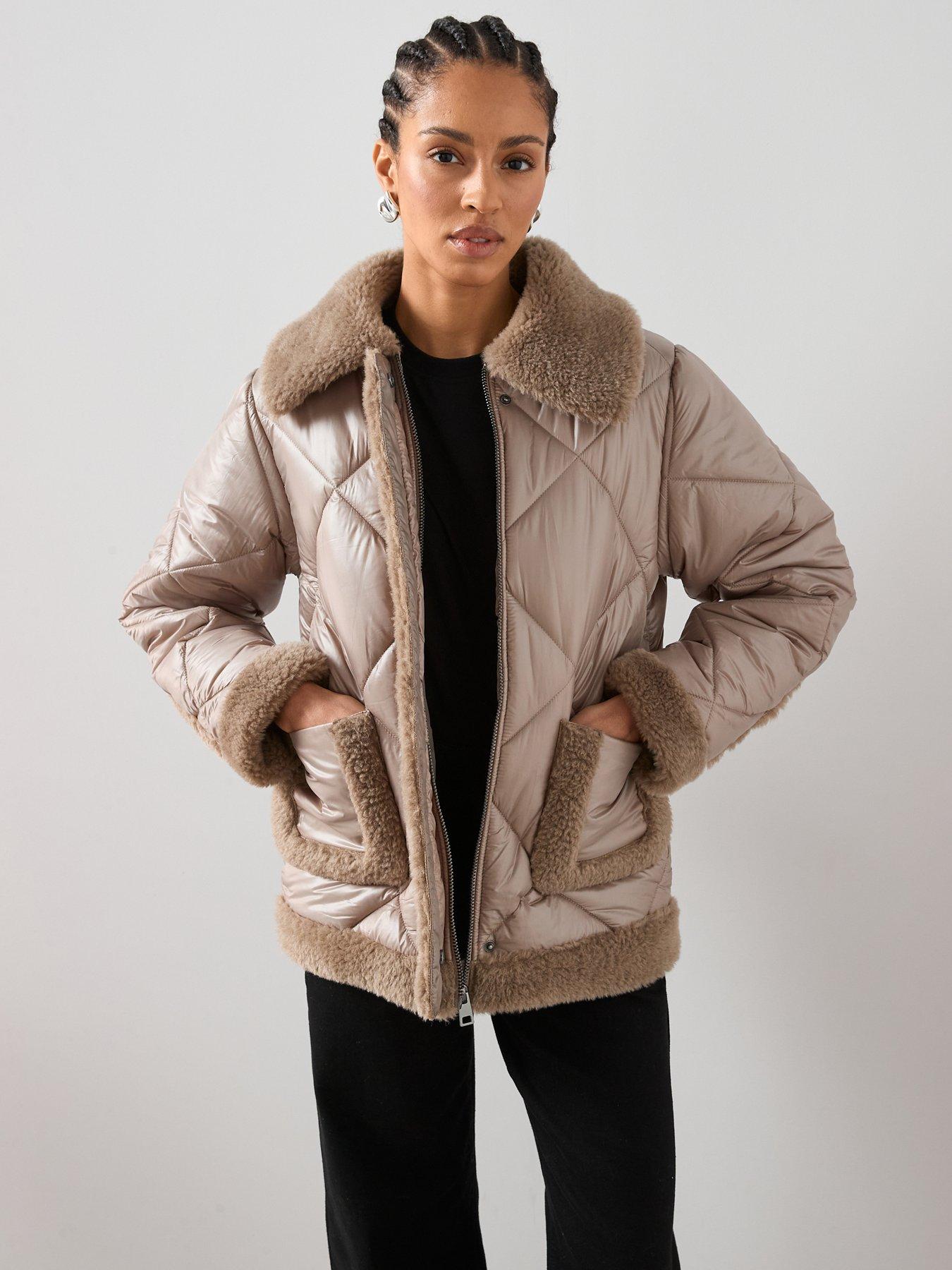 The Very Collection Diamond Quilt Coat With Faux Fur Trims - Mocha ...