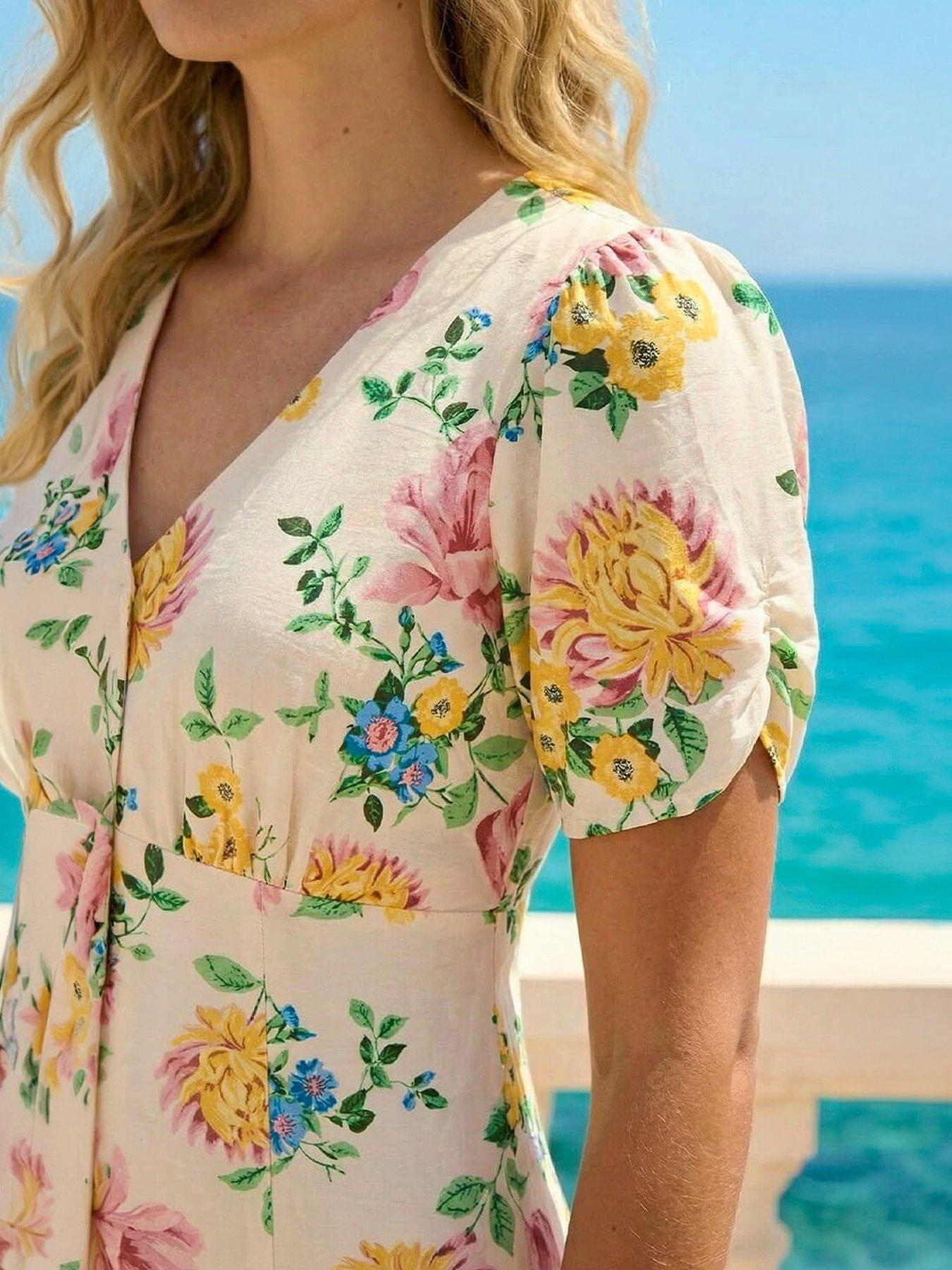 Roman Floral Print V-neck Tea Dress - Pink | Littlewoods