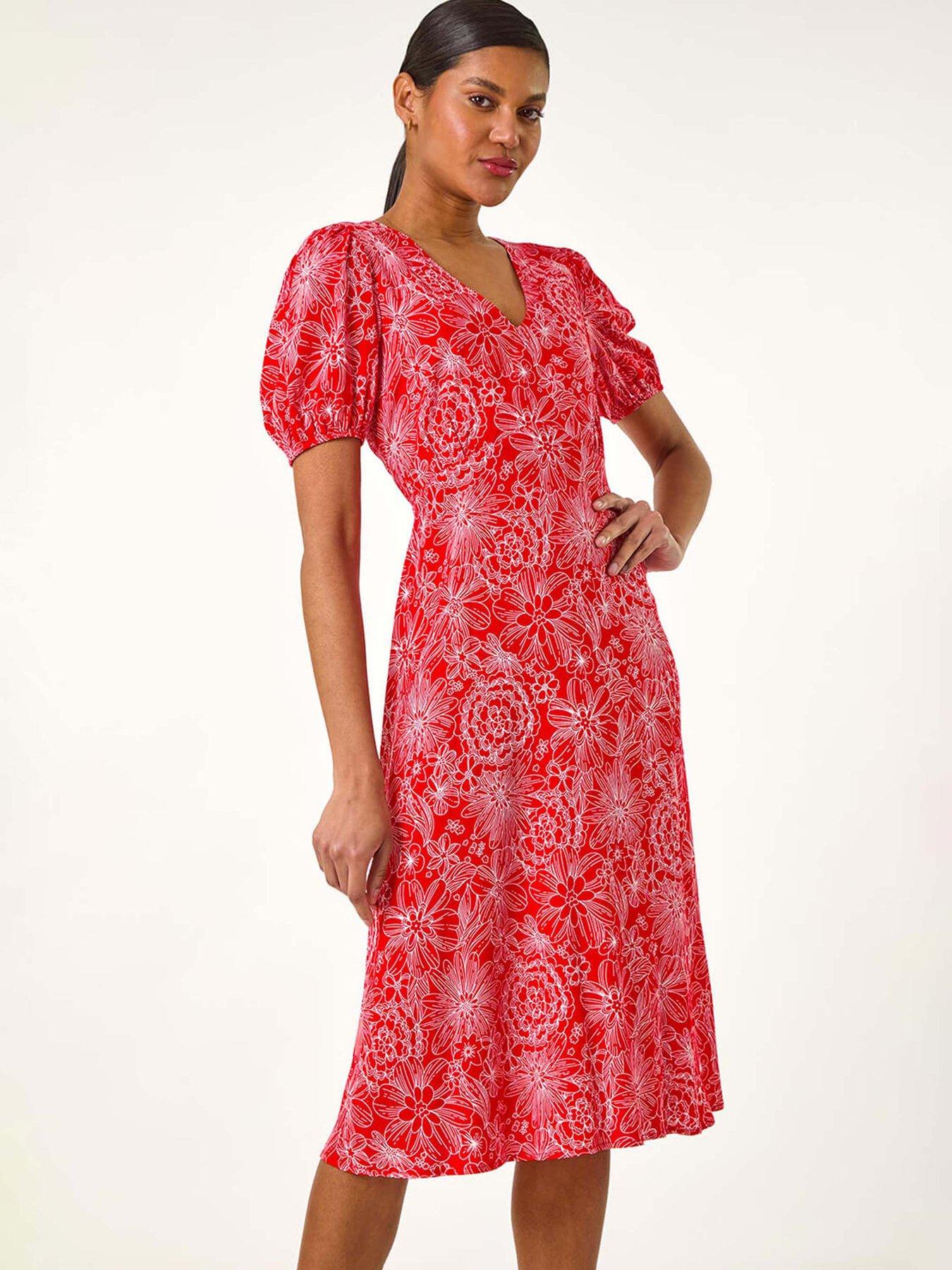 Roman Floral Midi Tea Dress - Red | Littlewoods