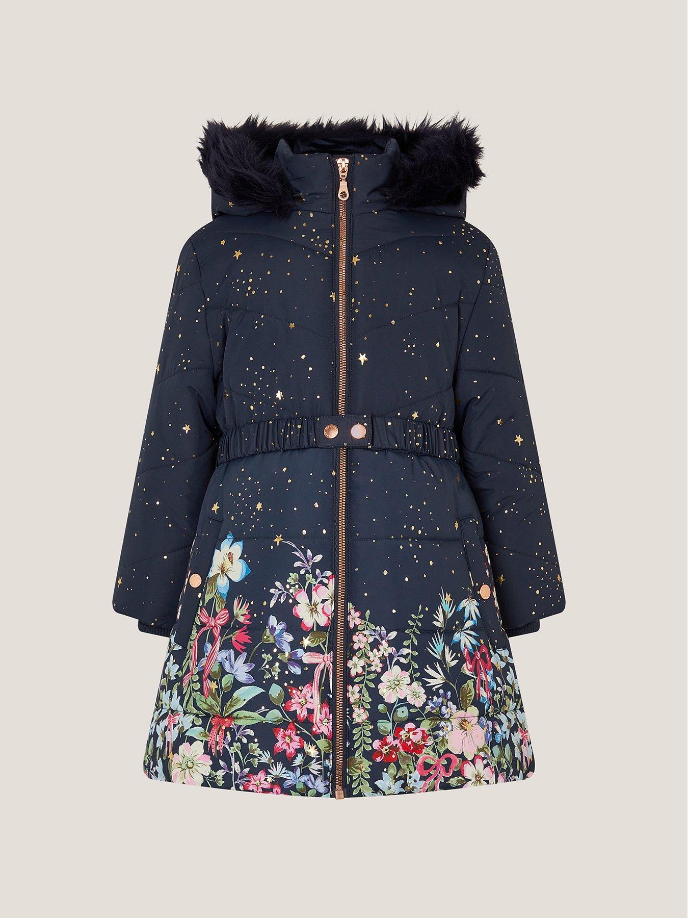 Monsoon Girls Starry Floral Border Coat - Navy | Littlewoods