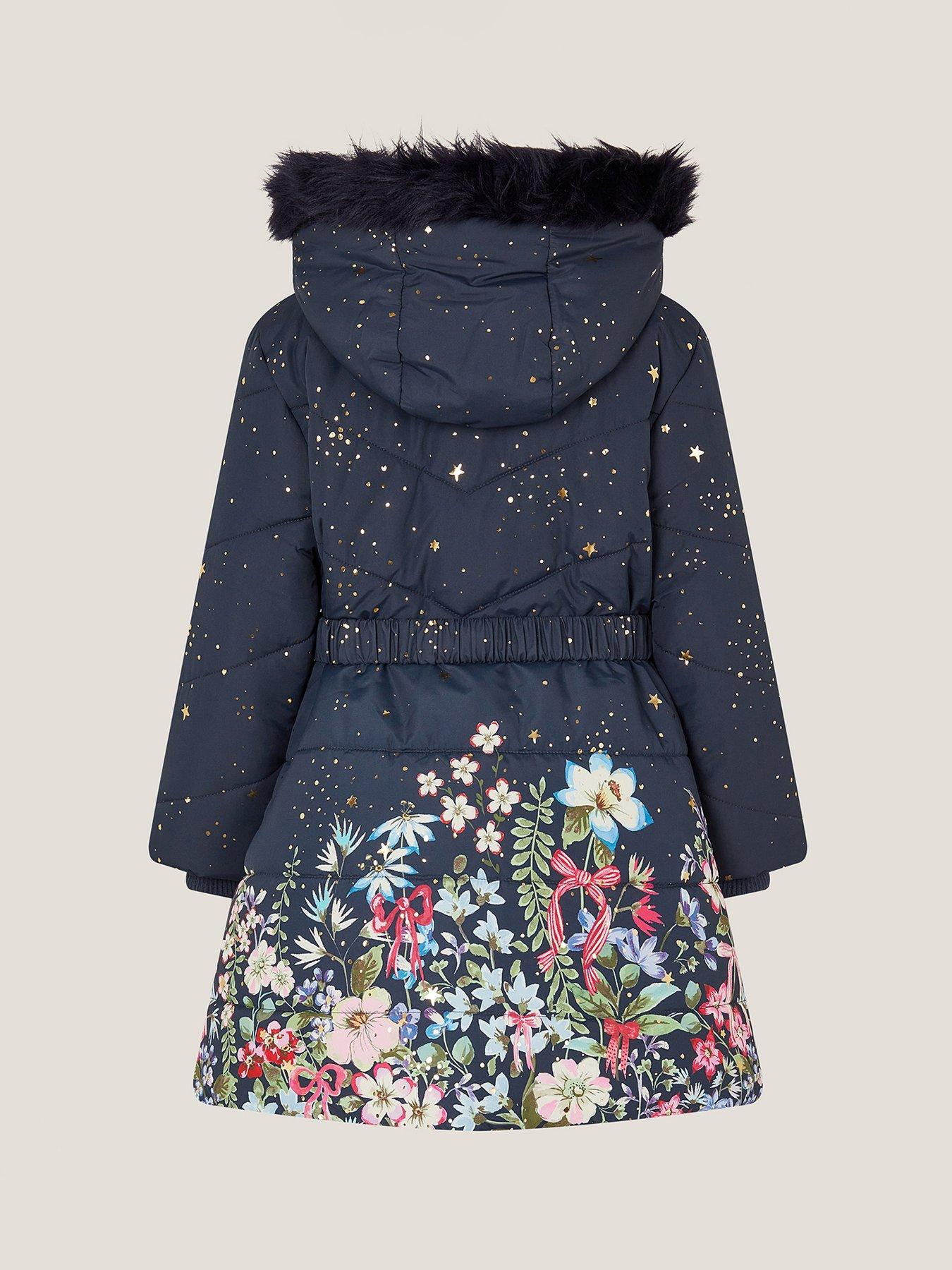 Monsoon Girls Starry Floral Border Coat - Navy | Littlewoods