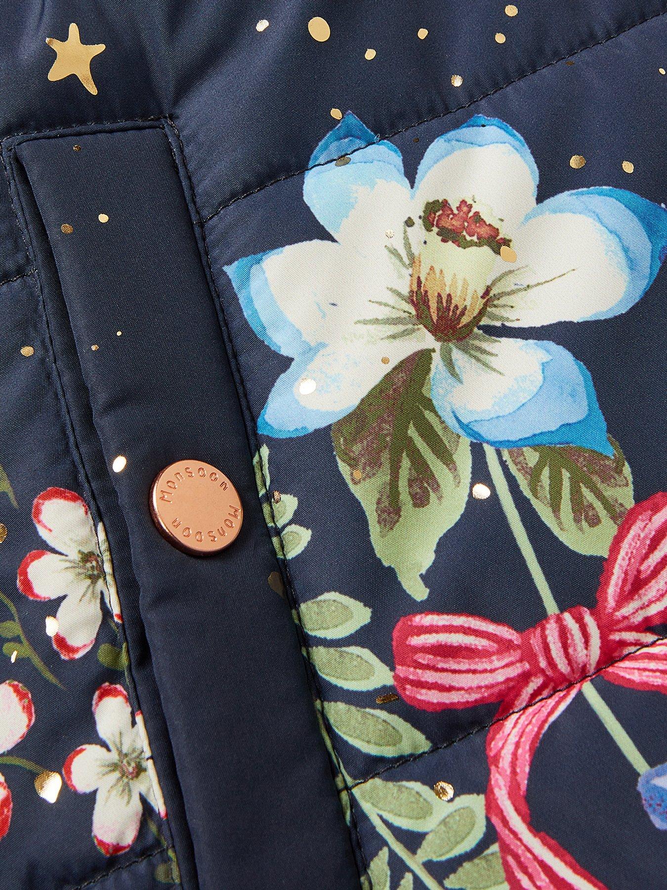 Monsoon Girls Starry Floral Border Coat - Navy | Littlewoods