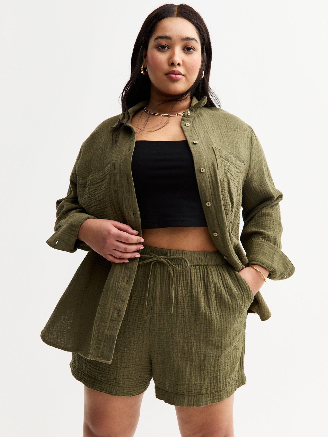 New Look Curves Khaki Green Double Cloth Muslin Shorts | Littlewoods