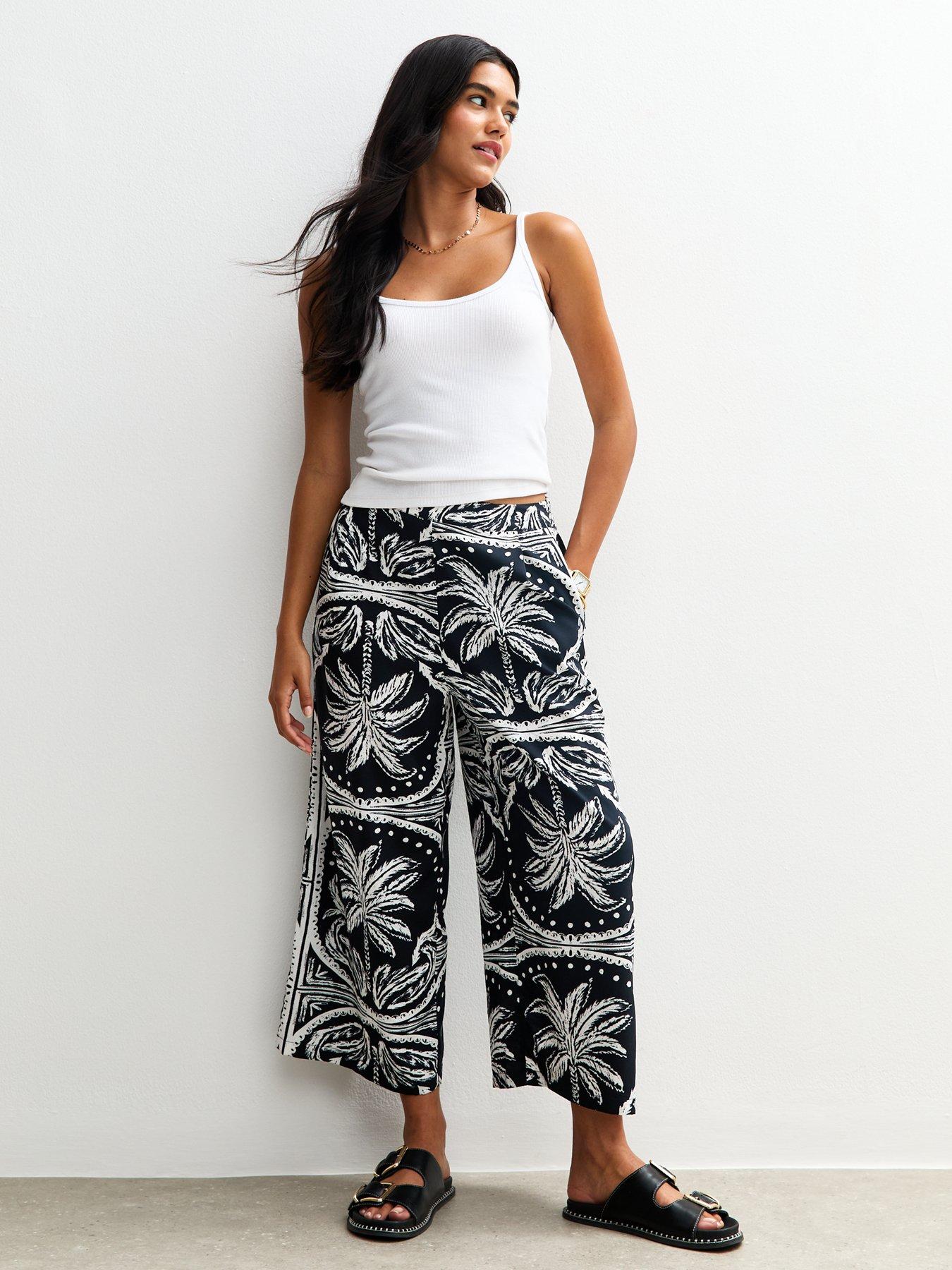 New Look Blue Palm Tree Print Cropped Trousers | Littlewoods