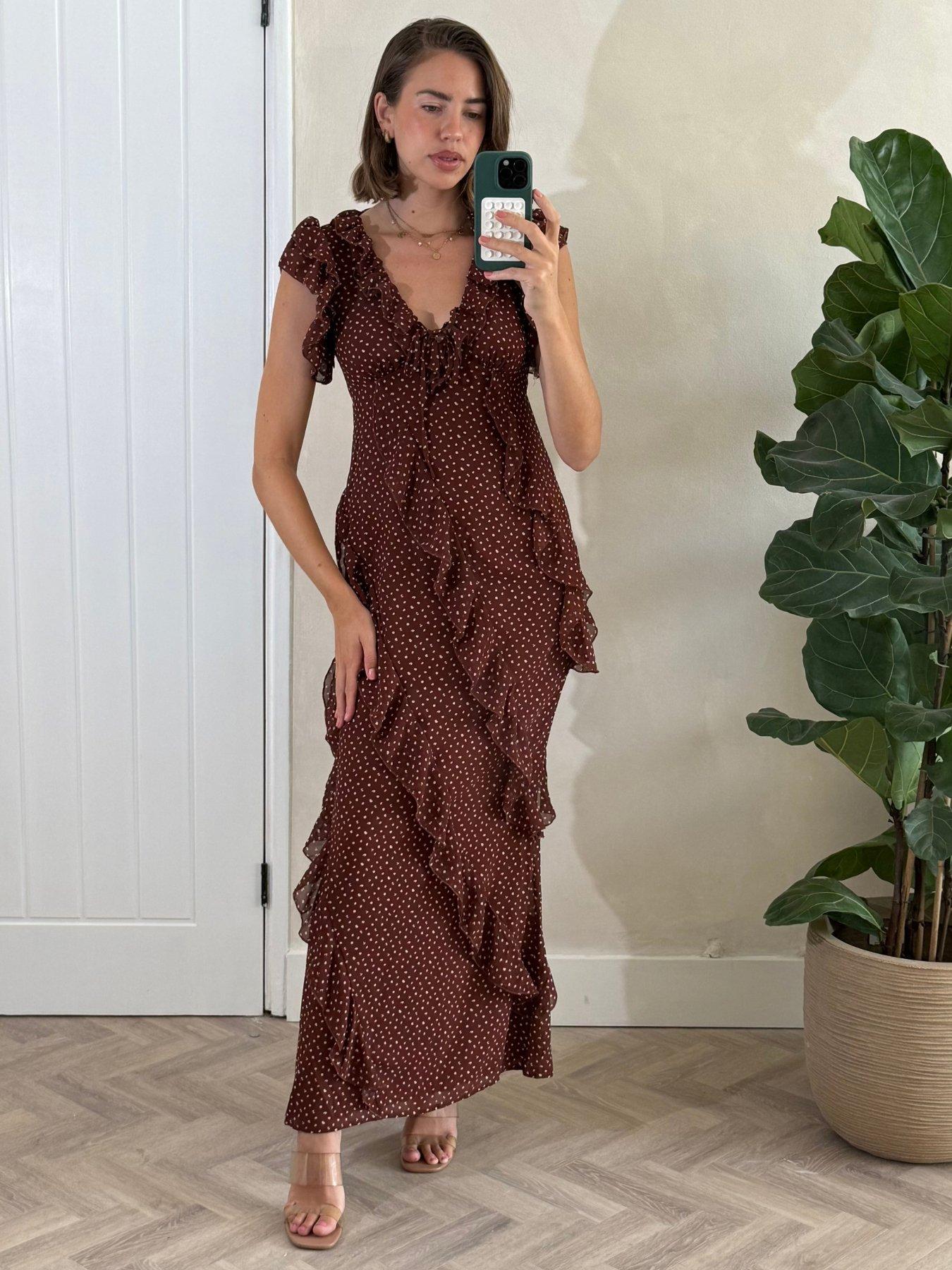 Style Cheat Chocolate Spot Ruffle Maxi Dress - Brown | Littlewoods