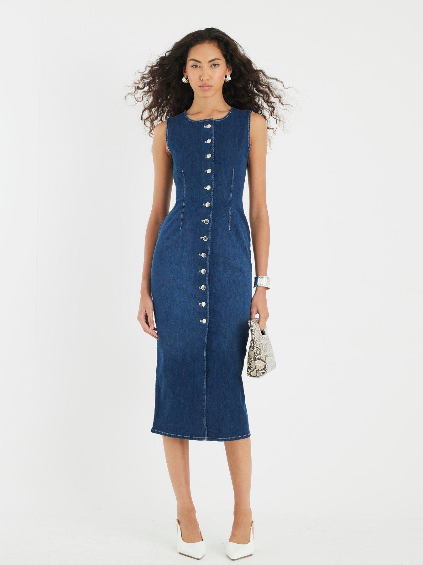 River Island Bea Button Front Midi Dress - Blue | Littlewoods