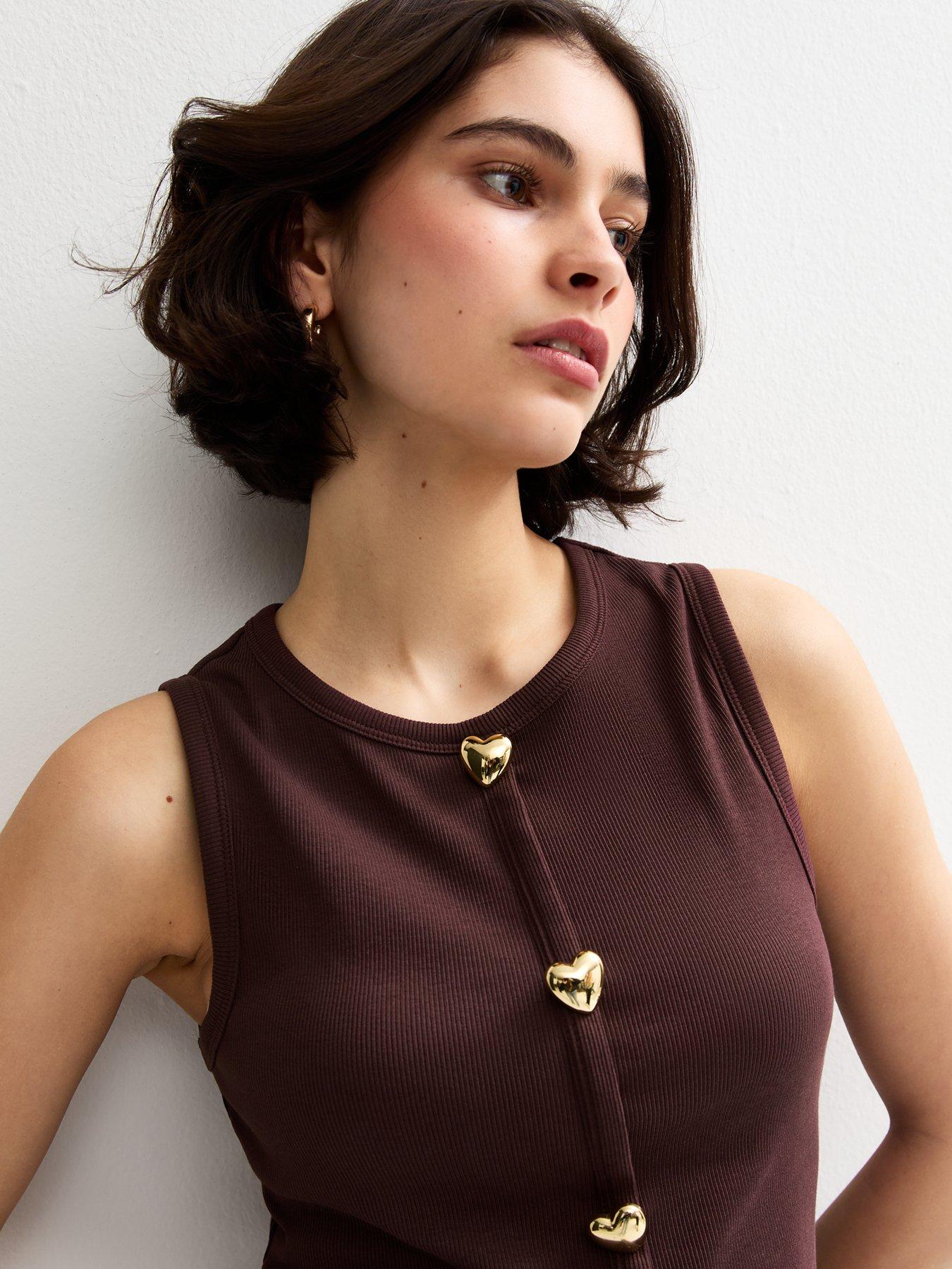 New Look Heart Button Ribbed Vest Top - Dark Brown | Littlewoods